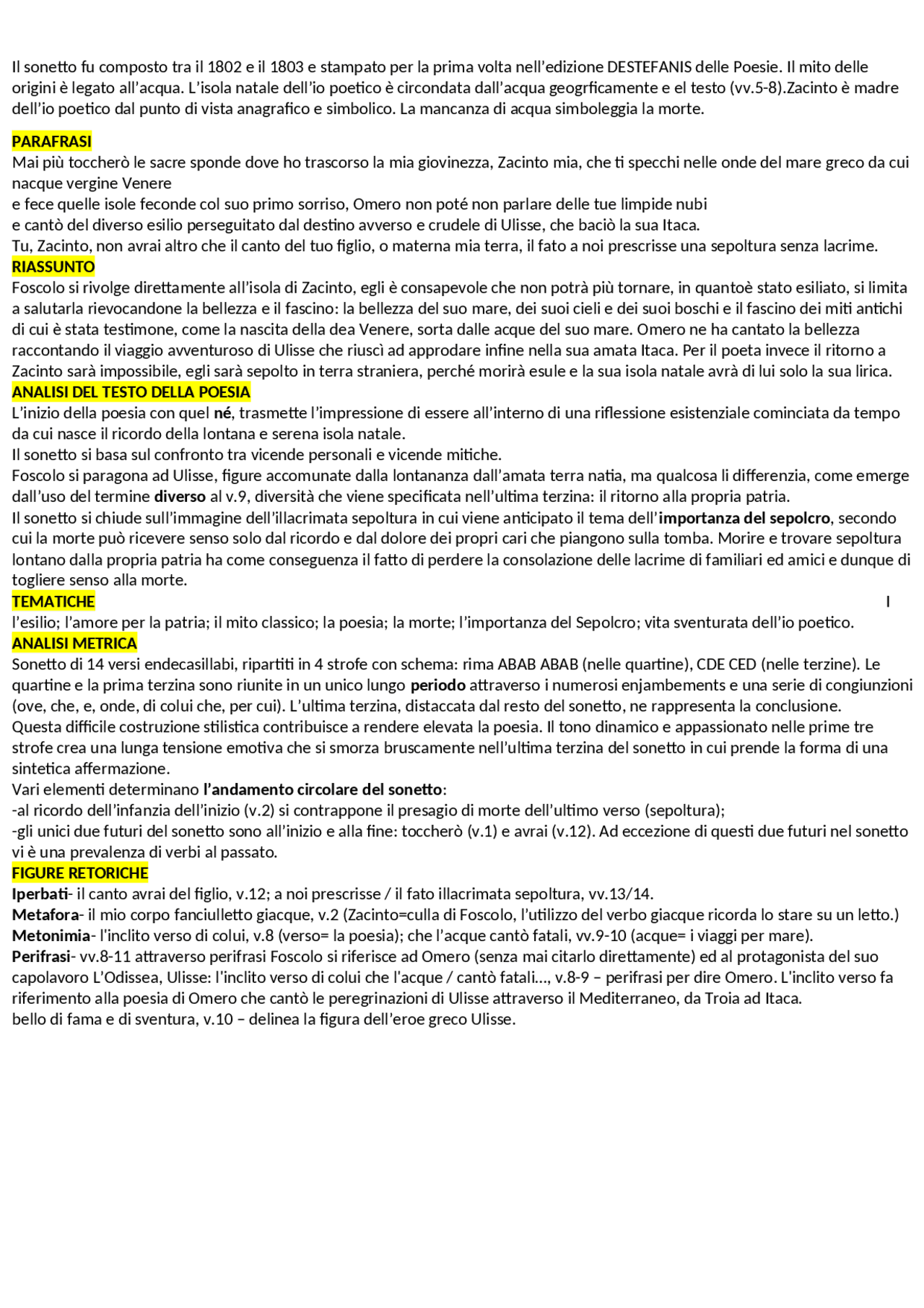 A Zacinto Di Ugo Foscolo Guide Progetti E Ricerche Di Italiano Docsity