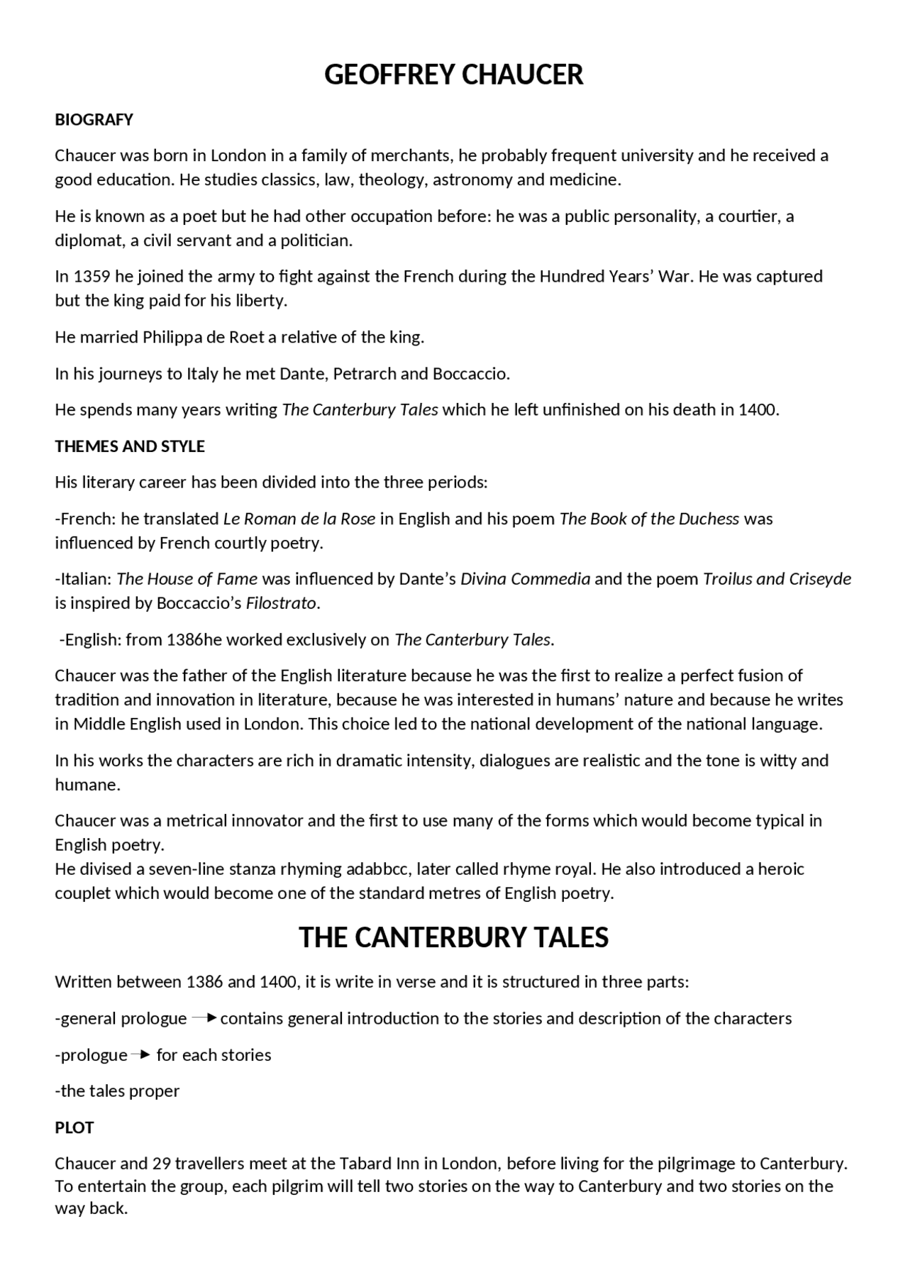 GEOFFREY CHAUCER- biografia | Schemi e mappe concettuali di Inglese ...