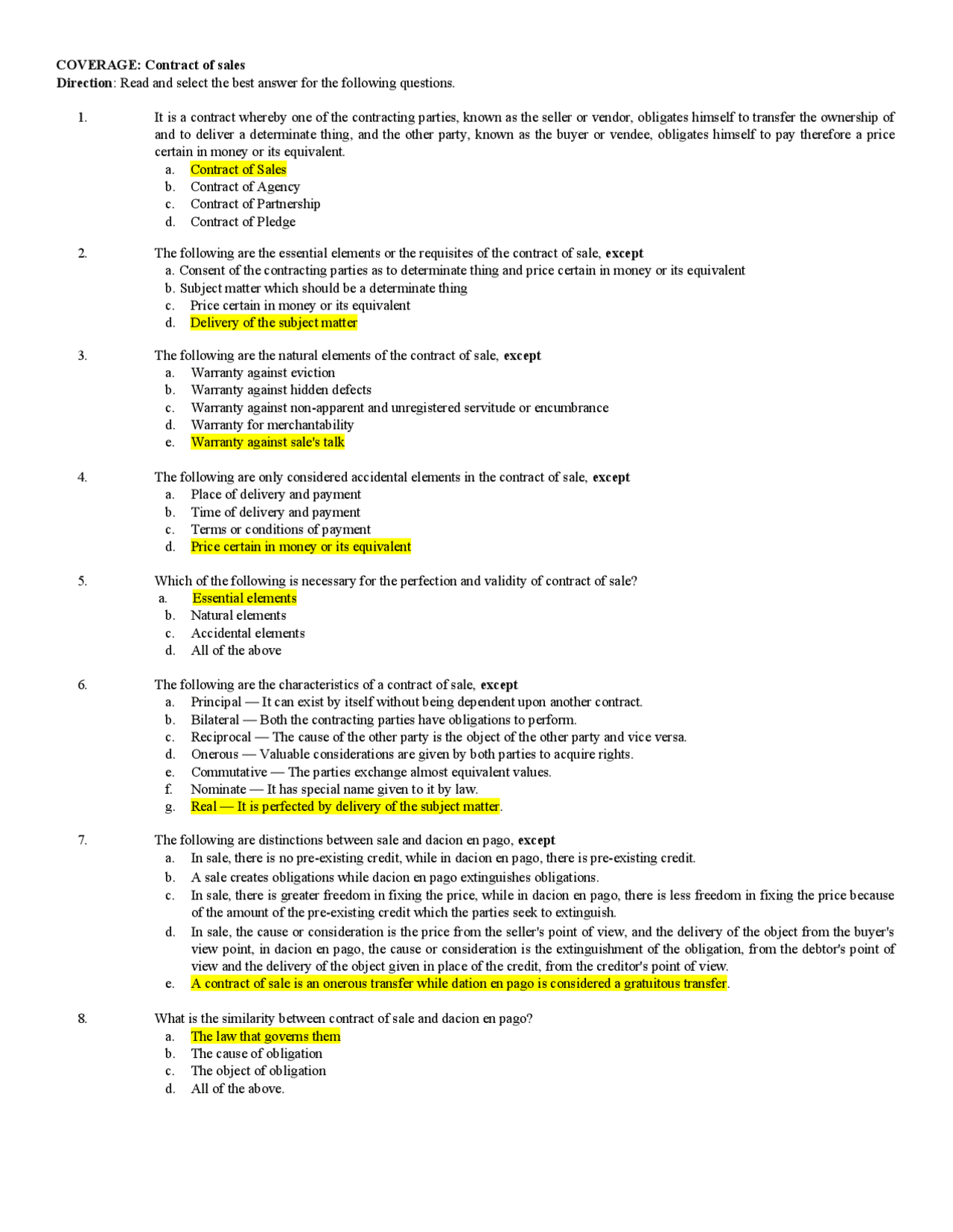 Law On Obligation Practice Exercises Exercises Law Docsity