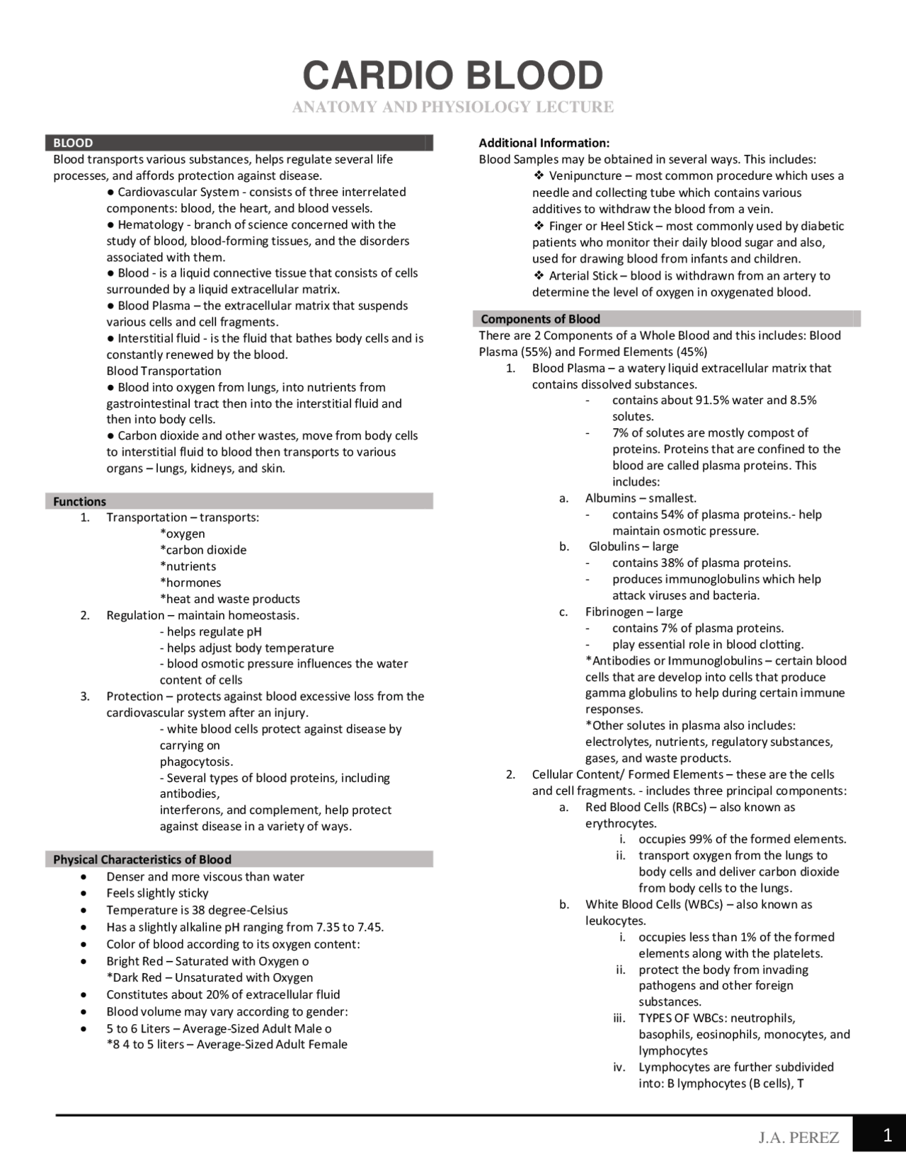 ANATOMY & PHYSIOLOGY_CARDIO: BLOOD | Study notes Anatomy | Docsity