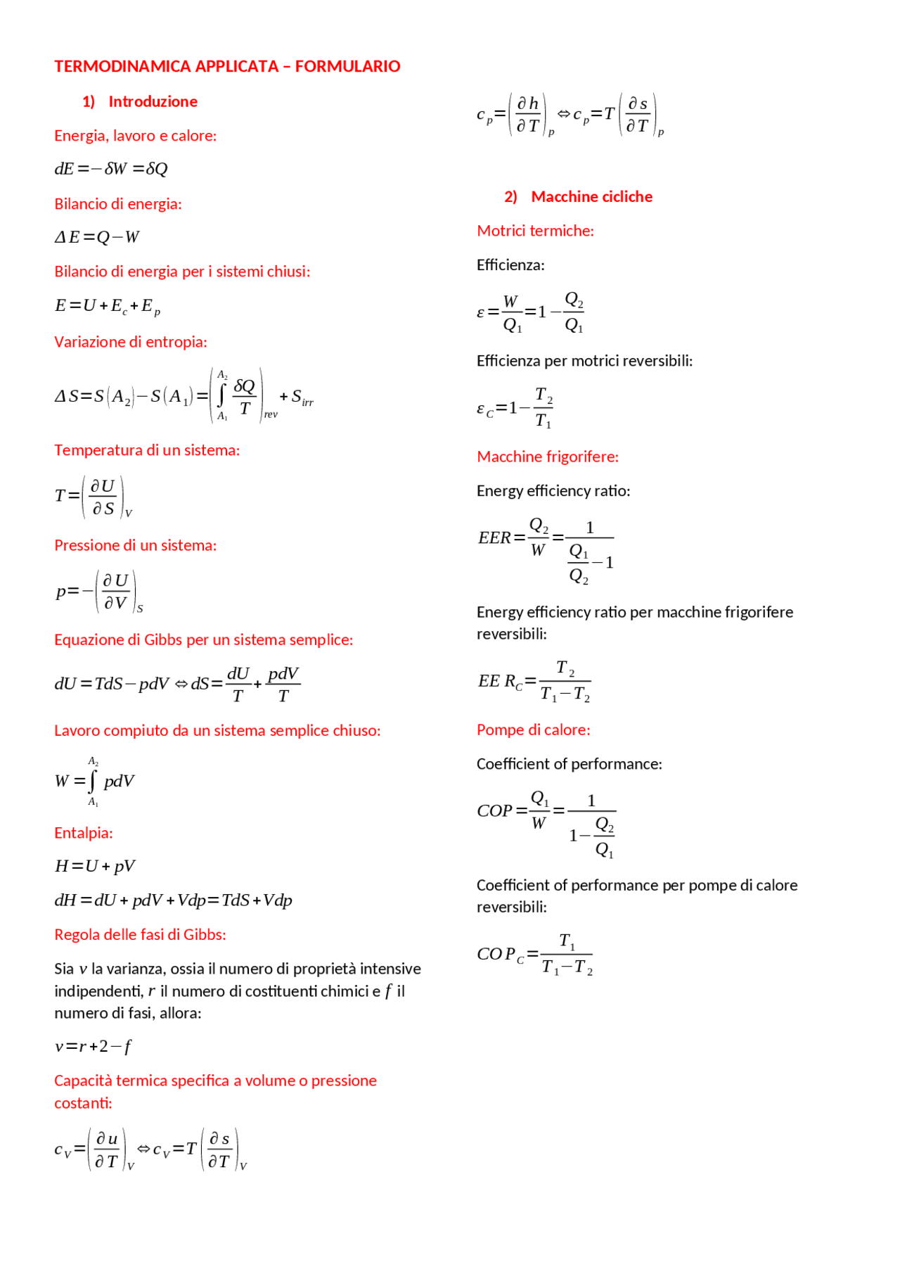 Formulario di termodinamica applicata | Formulari di Termodinamica ...