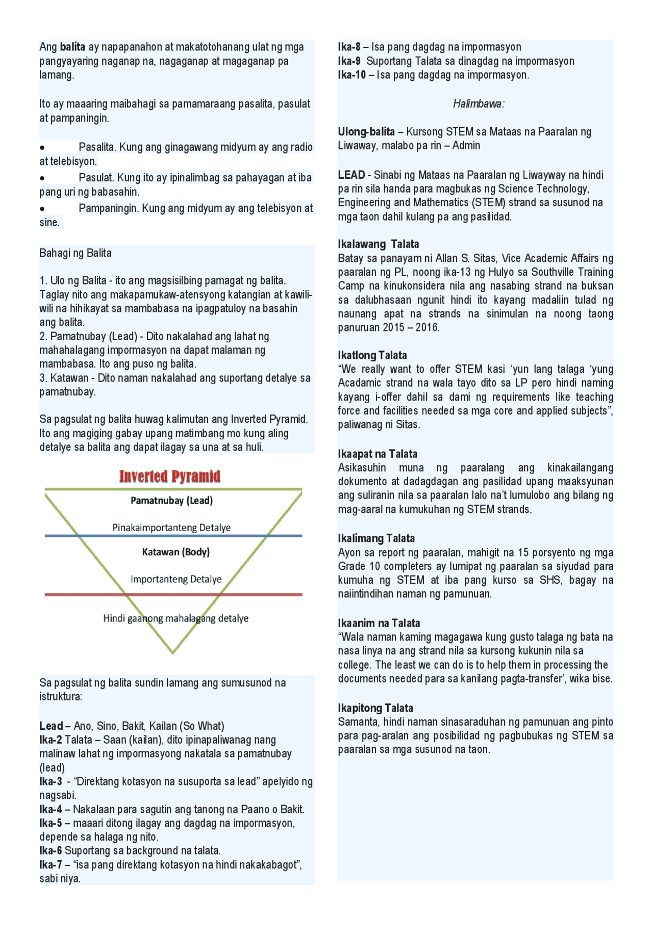 PAgsulat ng balita notes | Study notes English Language | Docsity