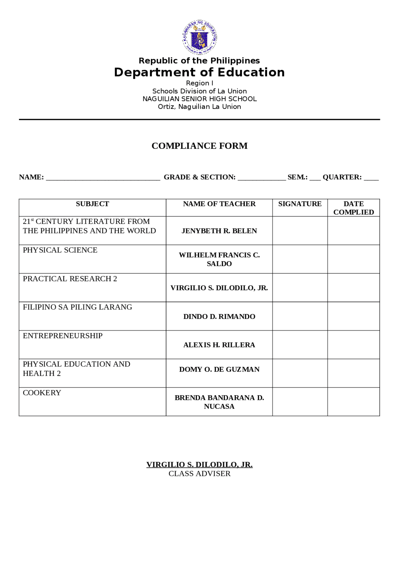 Compliance Form for students | Cheat Sheet Law | Docsity