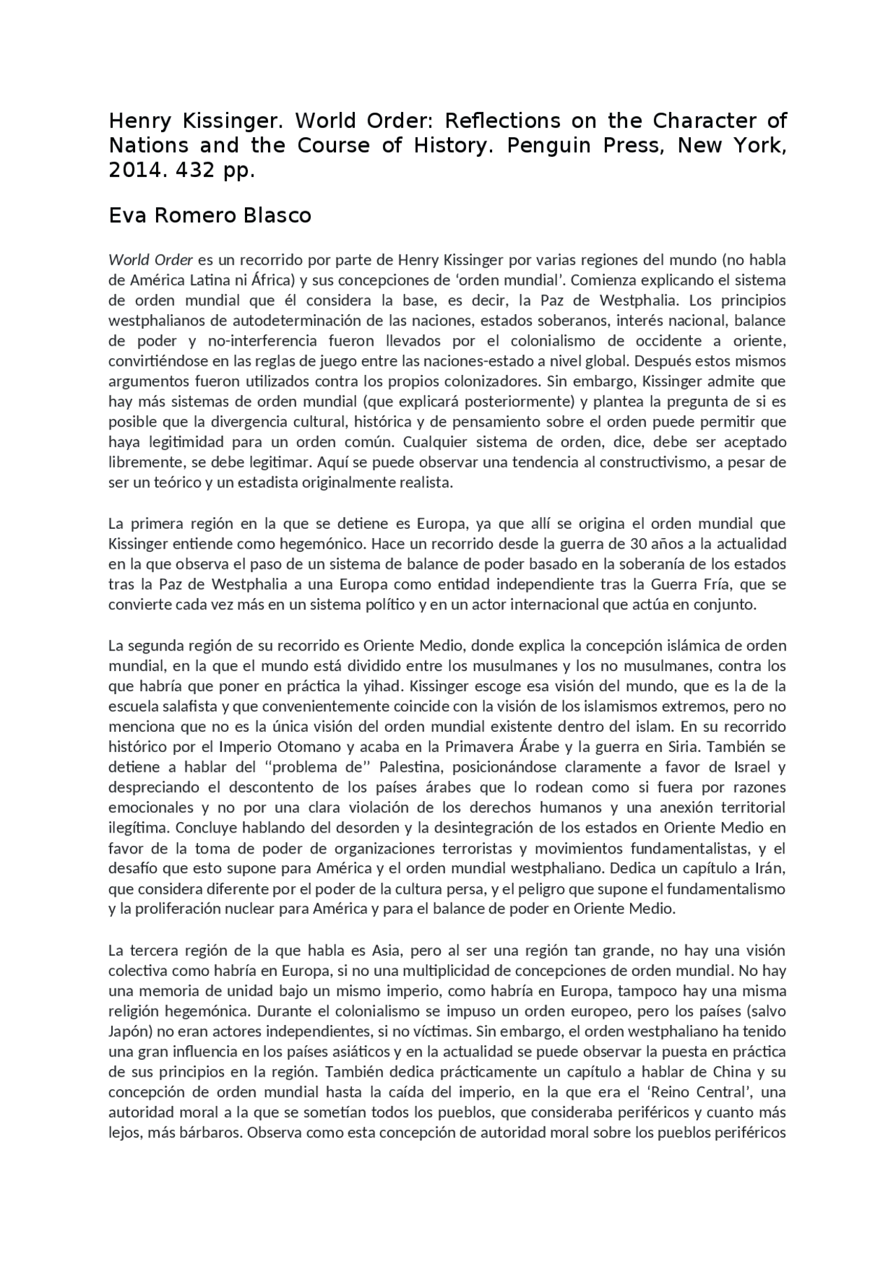 Recención intro rrii World Order Henry Kissinger | Resúmenes de ...