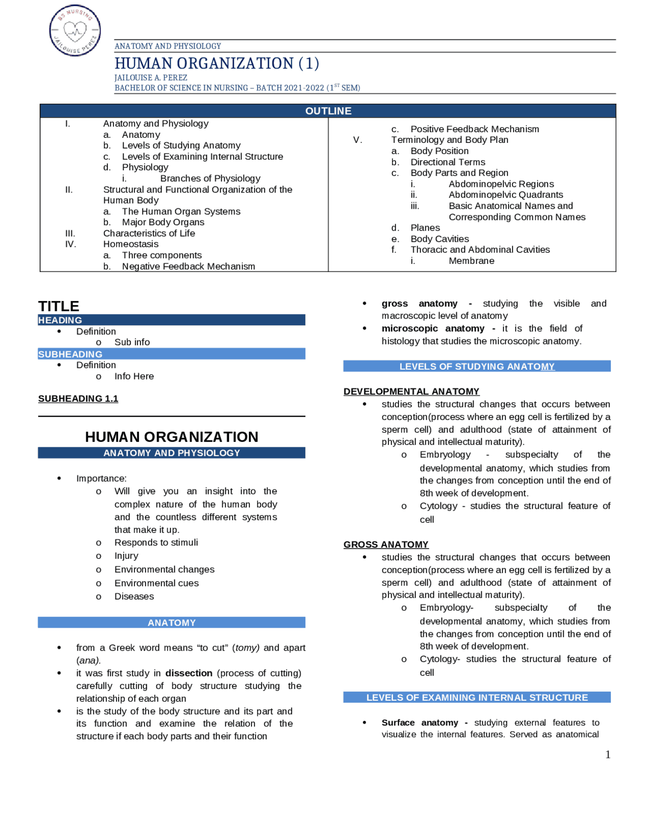 ANATOMY_HUMAN ORGANIZATION | Study notes Anatomy | Docsity