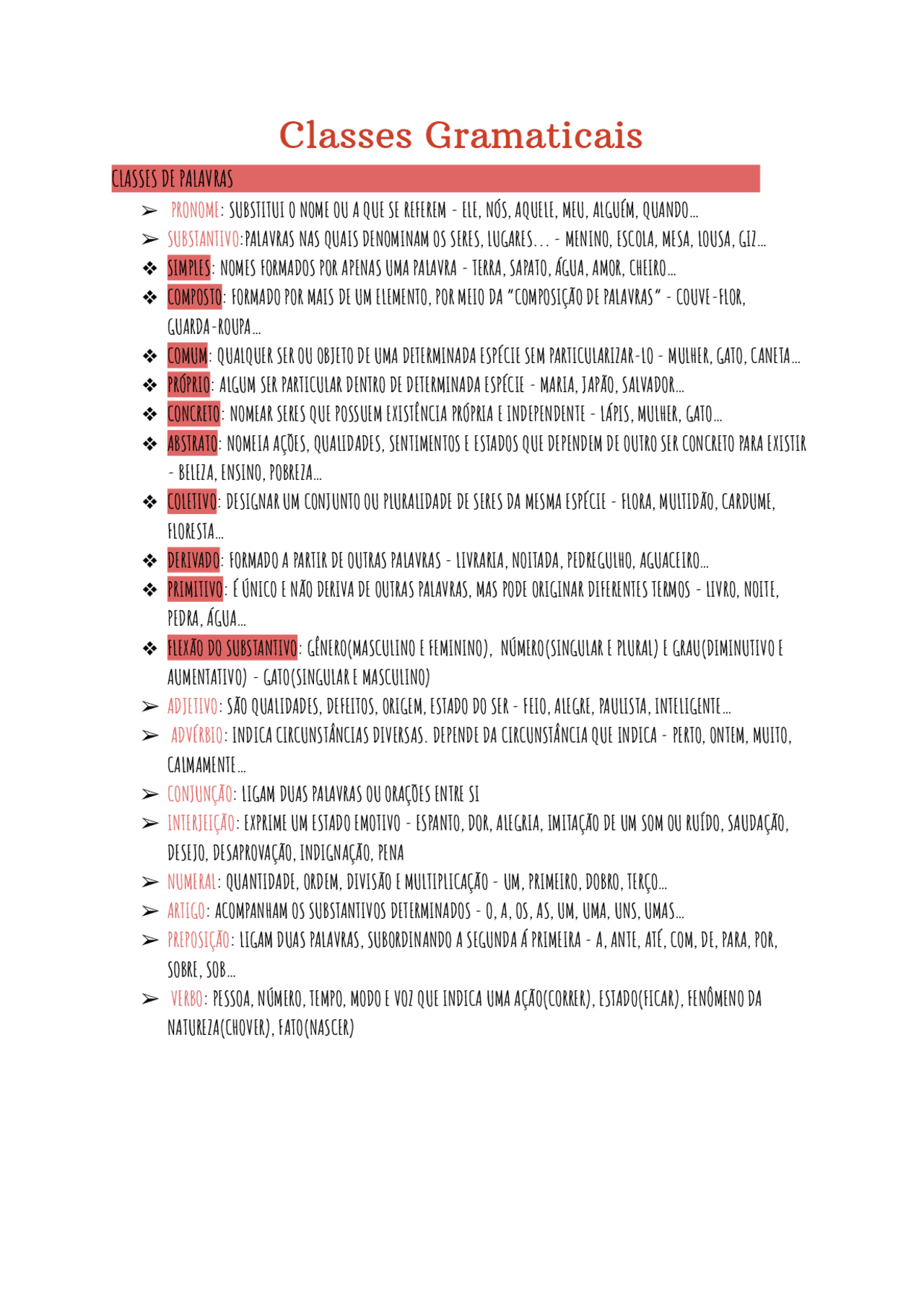Resumo das classes gramaticais | Resumos Português (Gramática - Literatura) | Docsity