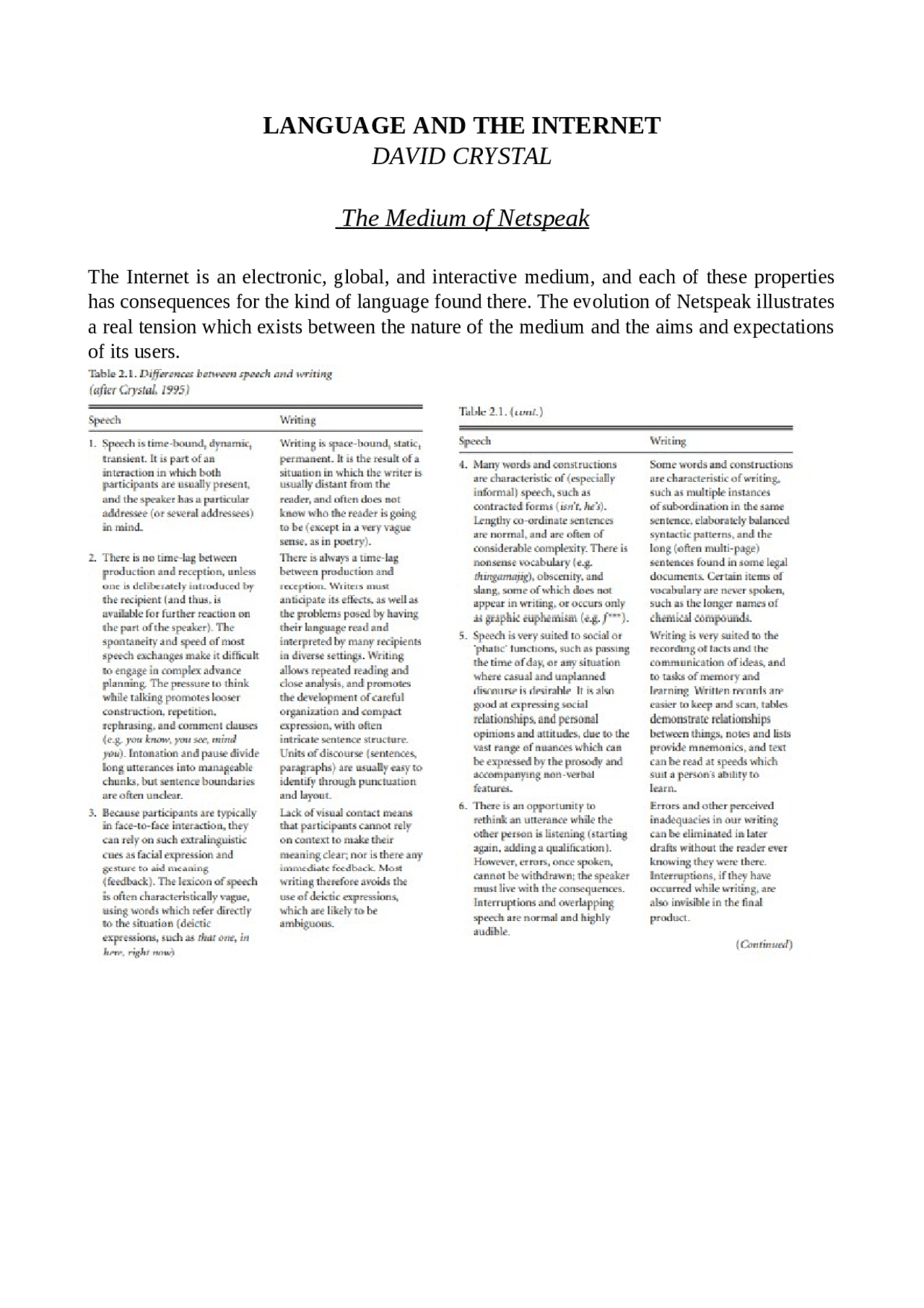 David Crystal Language And The Internet Riassuntocapitoli Scelti
