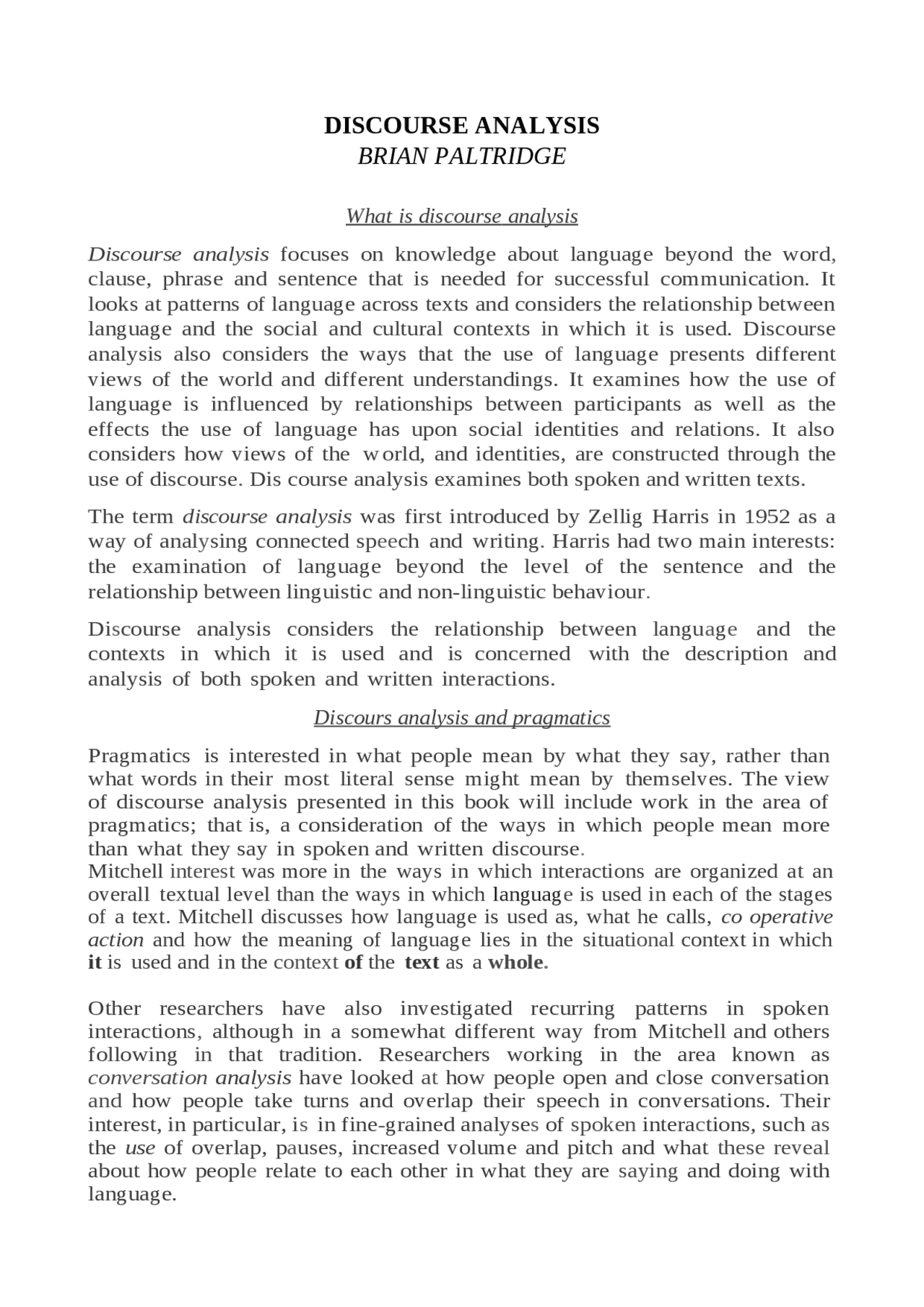Brian Paltridge Discourse Analysis Riassuntocapitoli Scelti