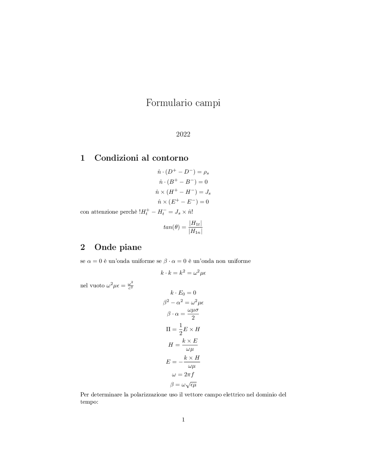 Formulario Di Campi Elettromagnetici Del Corso Di Ingegneria Clinica