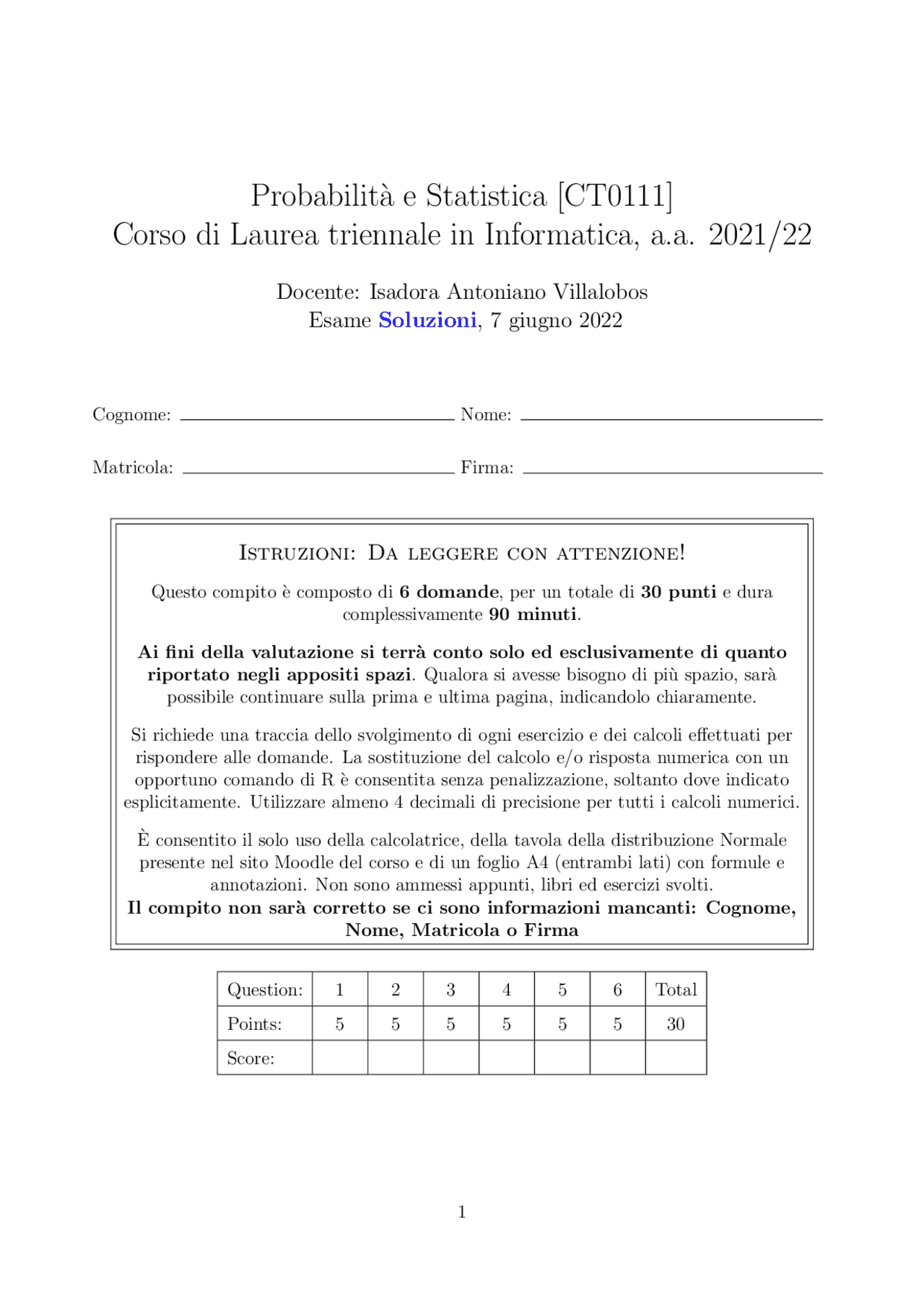 Prova esame probabilià e statistica | Prove d'esame di Probabilità e Statistica | Docsity