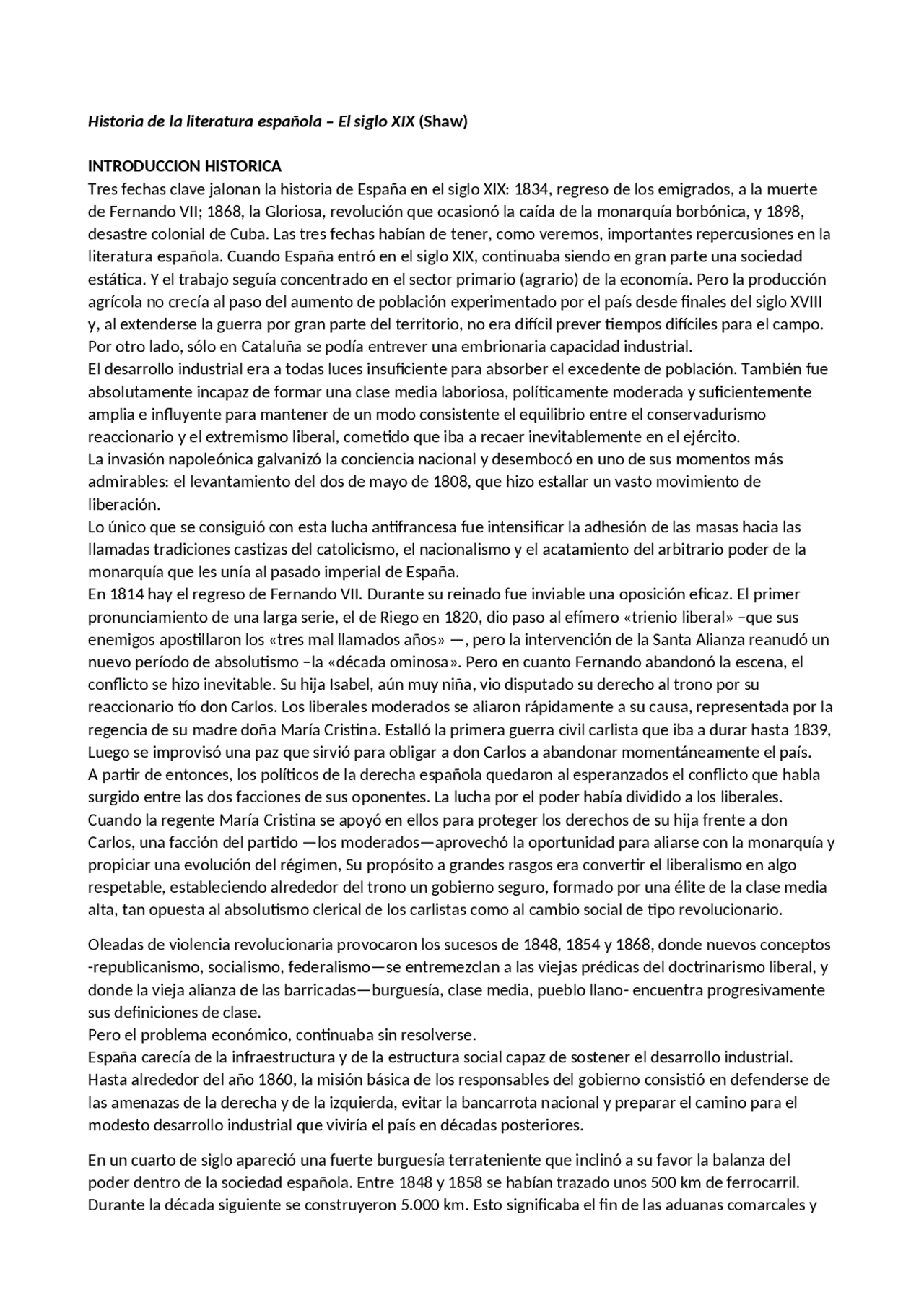 RIASSUNTO di: Donald L. Shaw, Historia de la literatura española. El ...