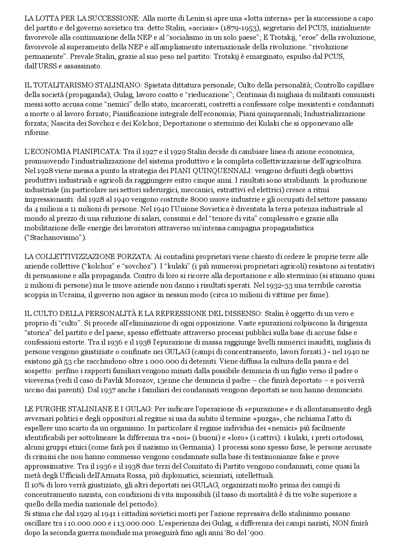 Riassunto Dello Stalinismo Schemi E Mappe Concettuali Di Storia Docsity