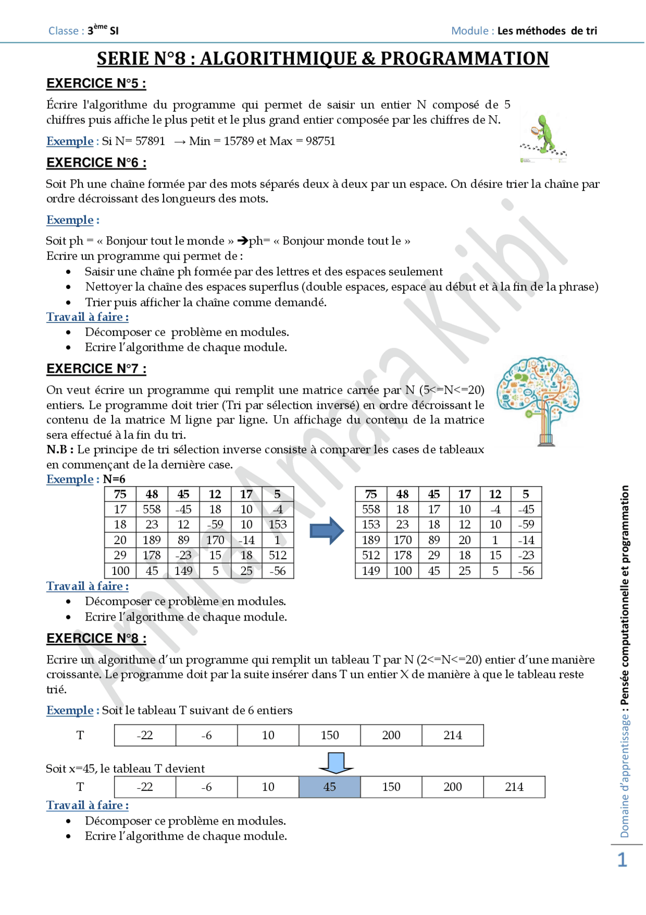 Les méthodes de tri (algorithmique et programmation) | Exercises Computer science | Docsity