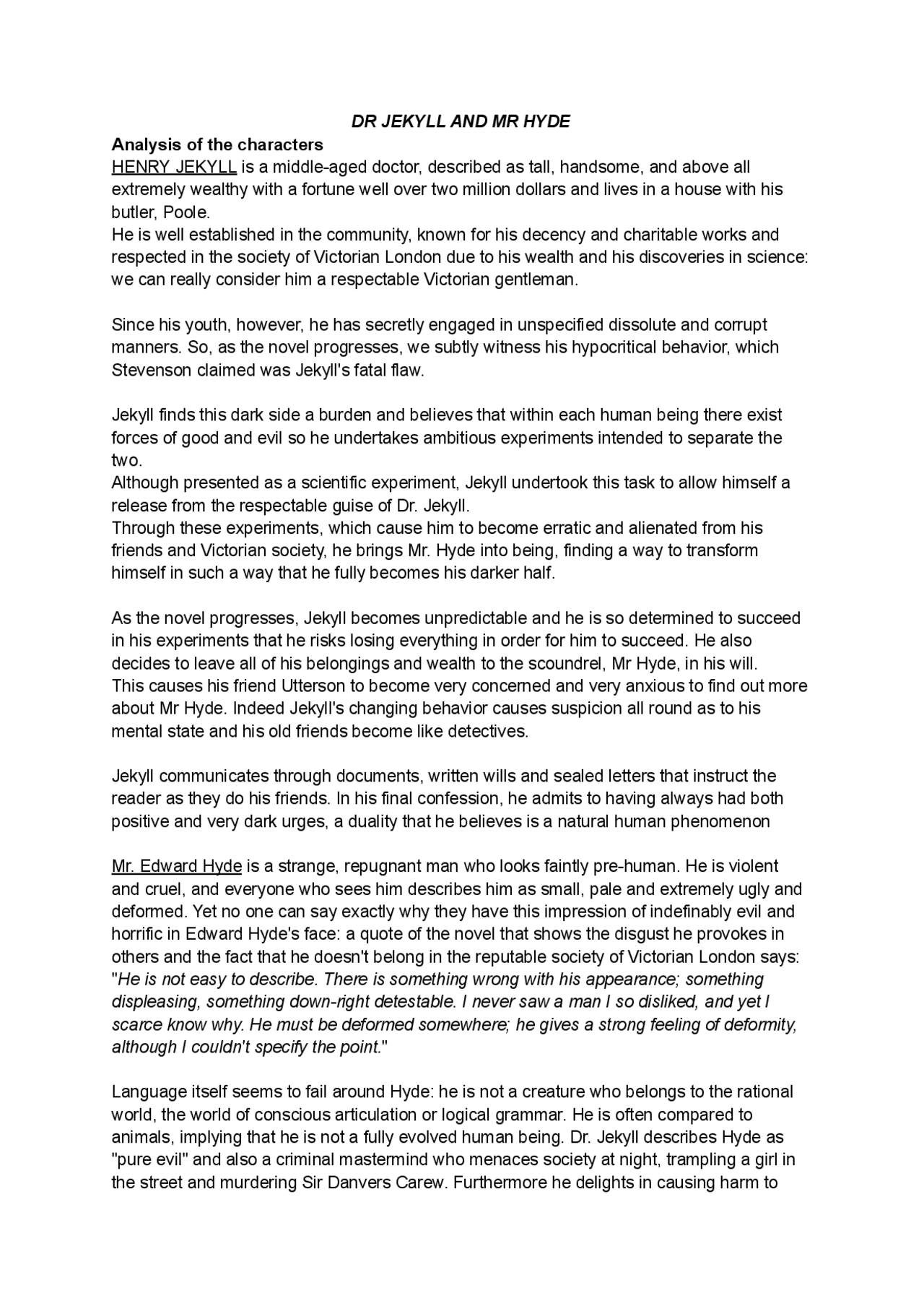 Analysis of Dr Jekyll and Mr Hyde: characters, plot, settings, letters ...