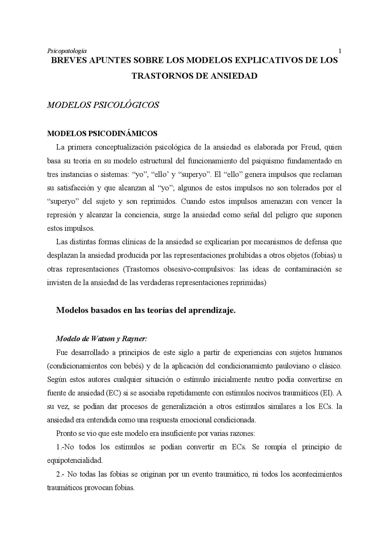 Modelos Explicativos De La Ansiedad Apuntes De Psicopatología Docsity