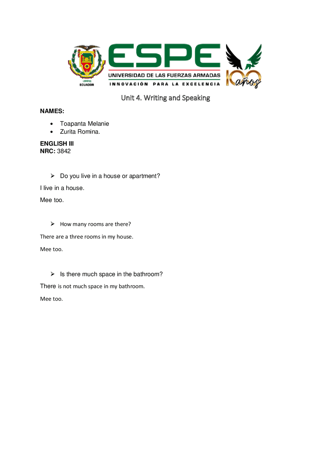 My home unit 4 ingles tercer nivel | Apuntes de Idioma Inglés | Docsity