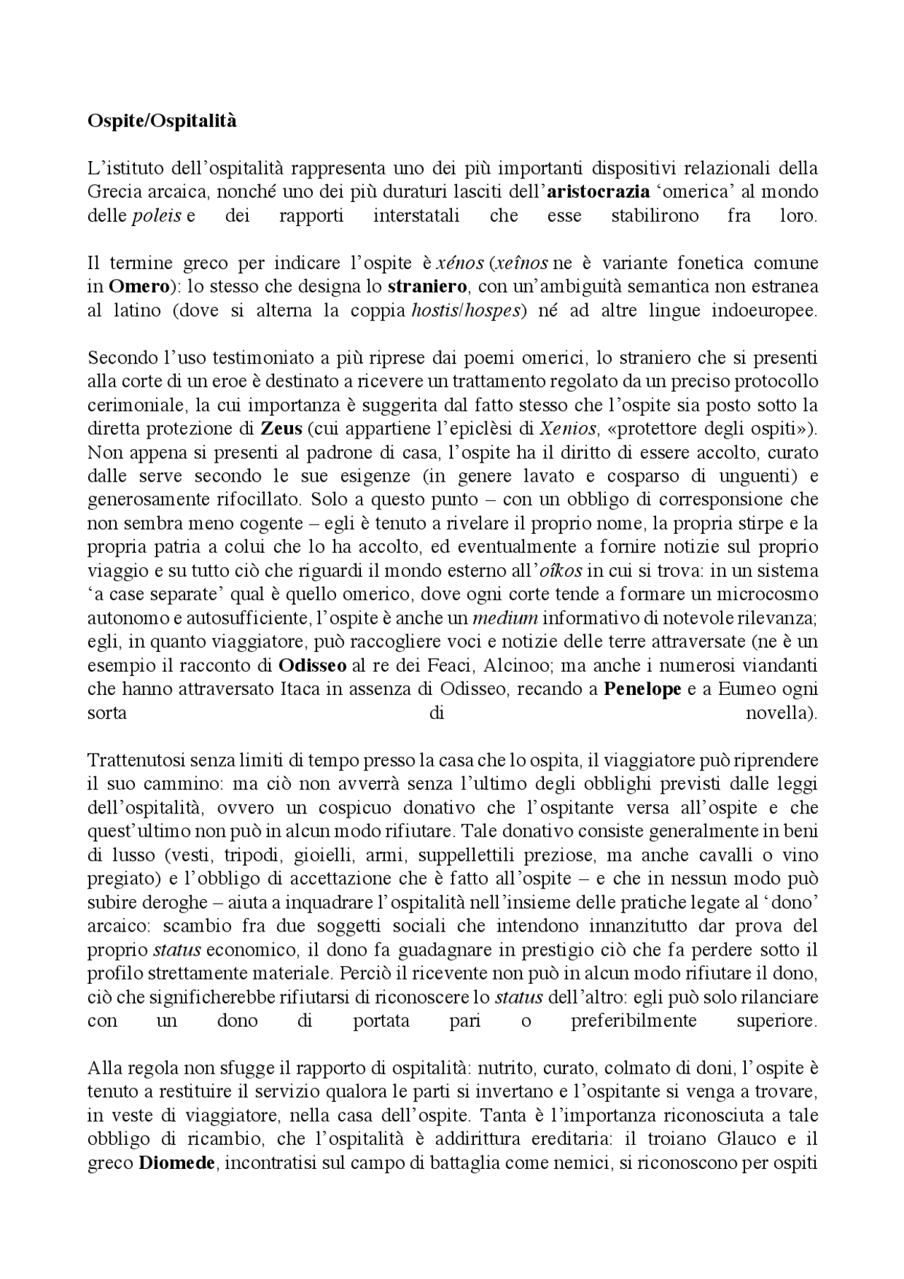 Xenia ospitalità letteratura greca | Appunti di Greco | Docsity