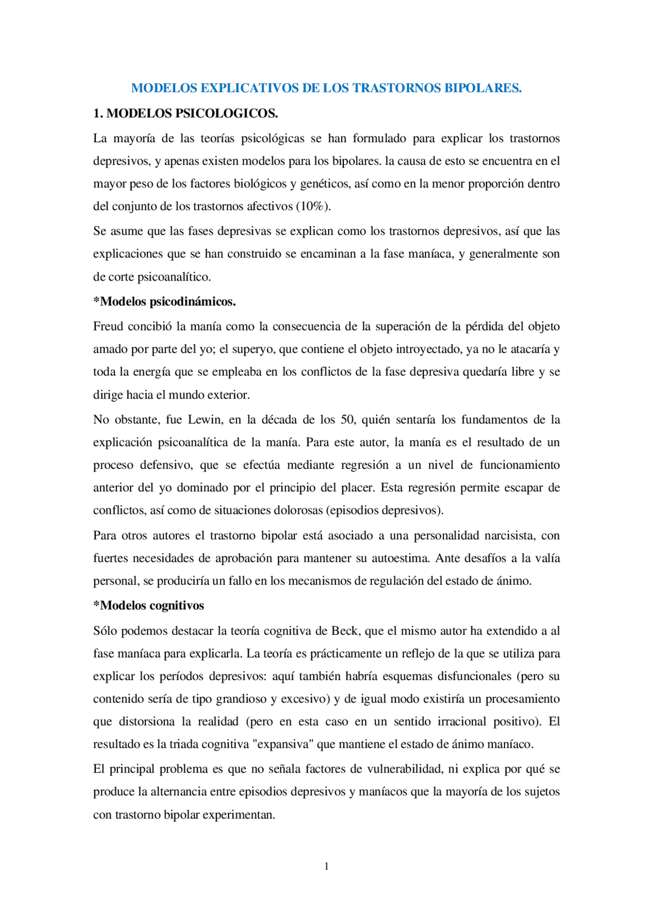 Modelos Explicativos T Bipolares Apuntes De Psicopatología Docsity