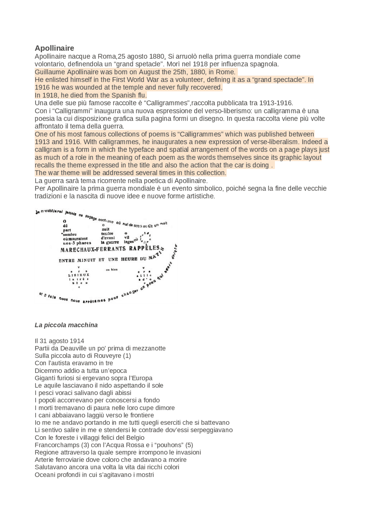Apollinaire Little Car Appunti Di Inglese Docsity