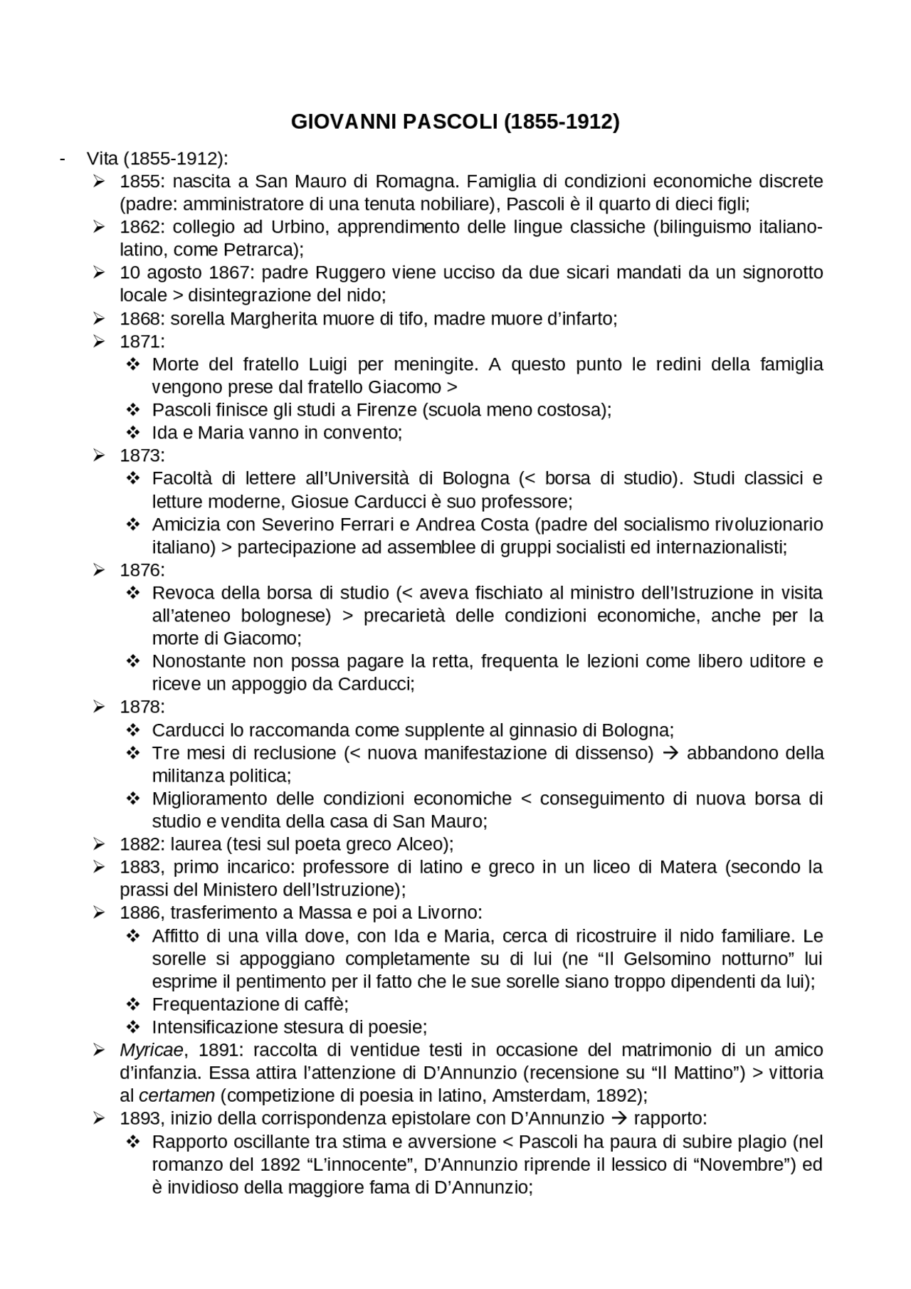 Riassunto Di Giovanni Pascoli Appunti Di Italiano Docsity