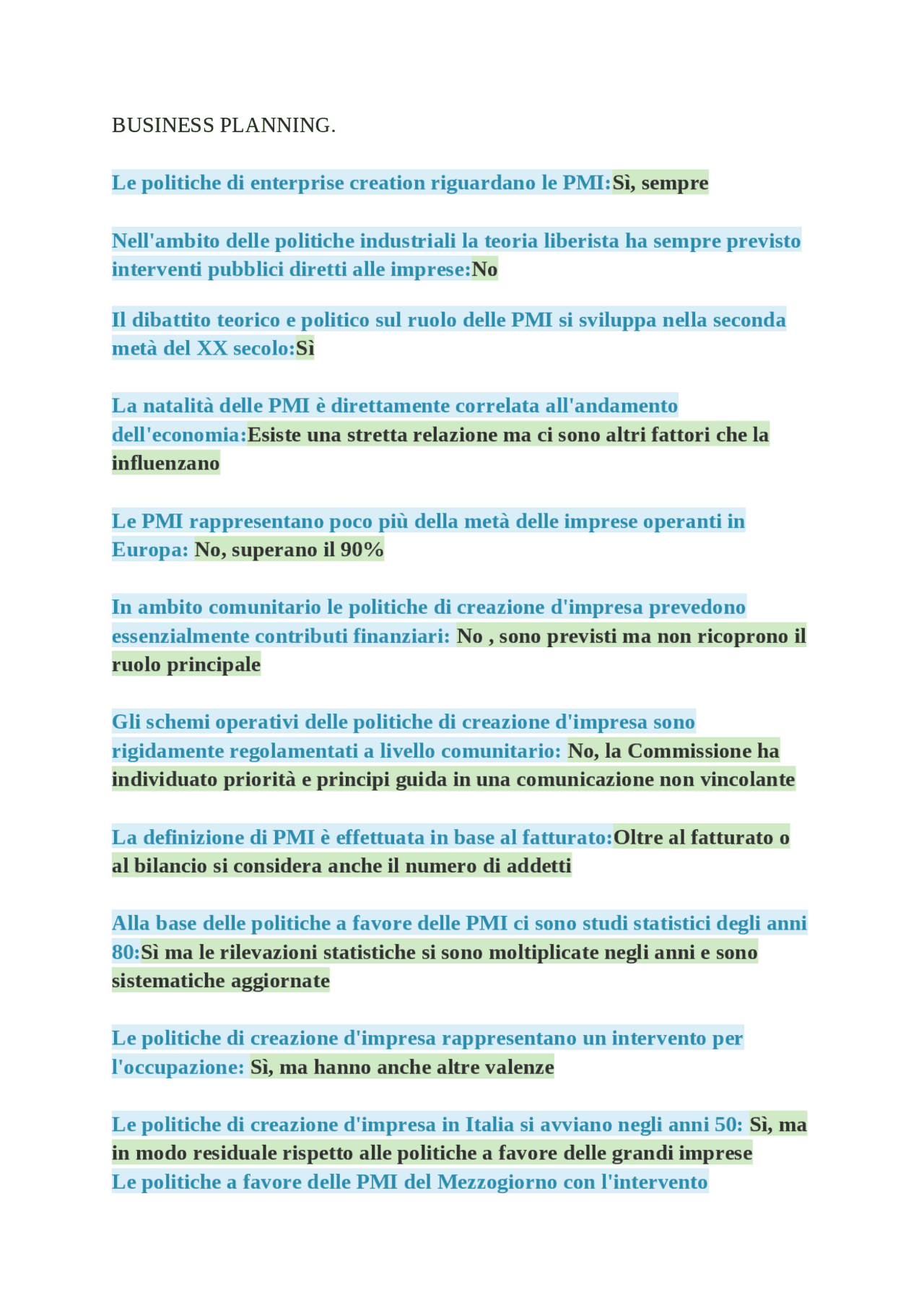 TEST ESAME BUSINESS PLANNING | Prove d'esame di Business Planning | Docsity