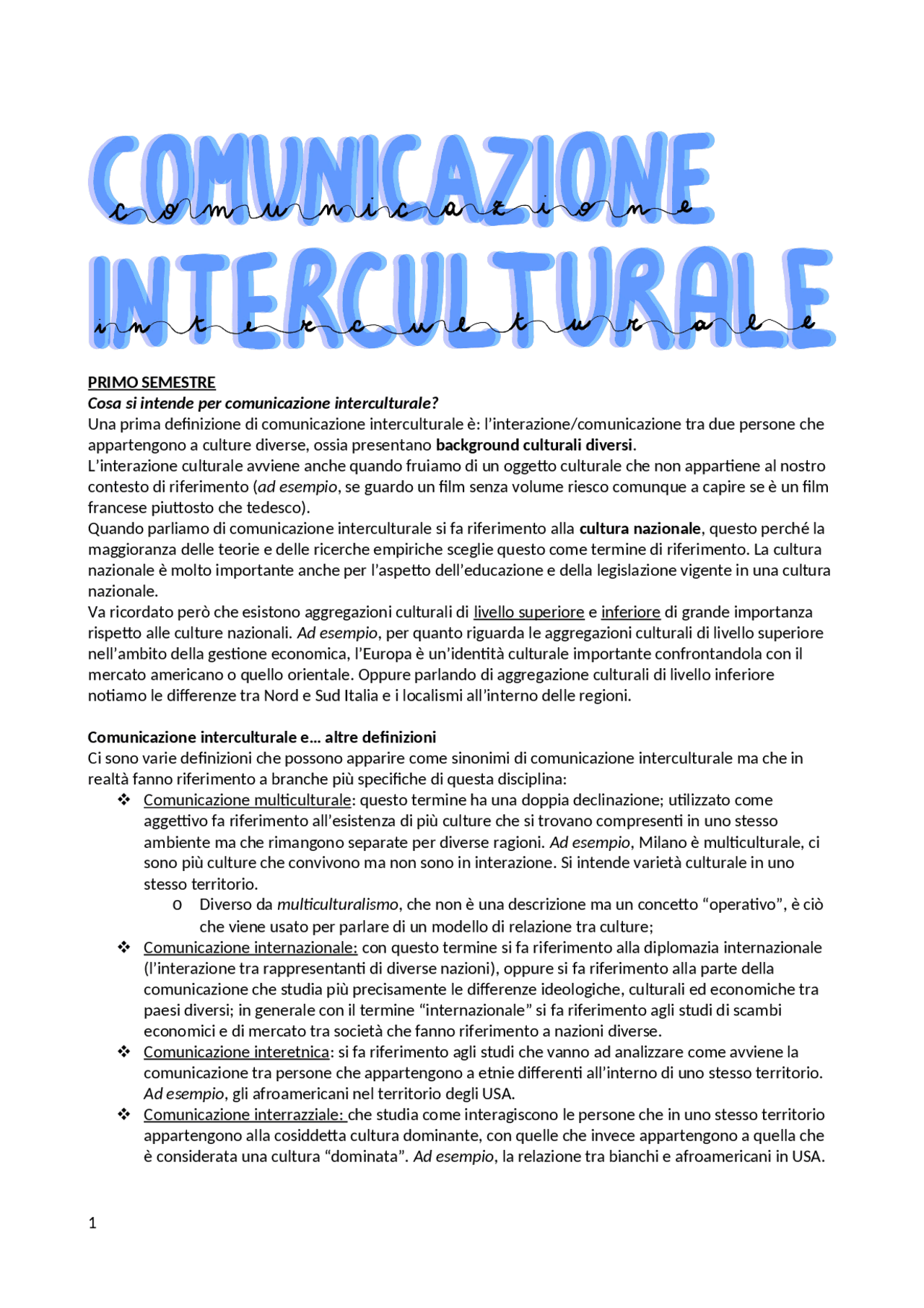 Appunti Comunicazione Interculturale Primo Semestre 2022 2023 Profssa