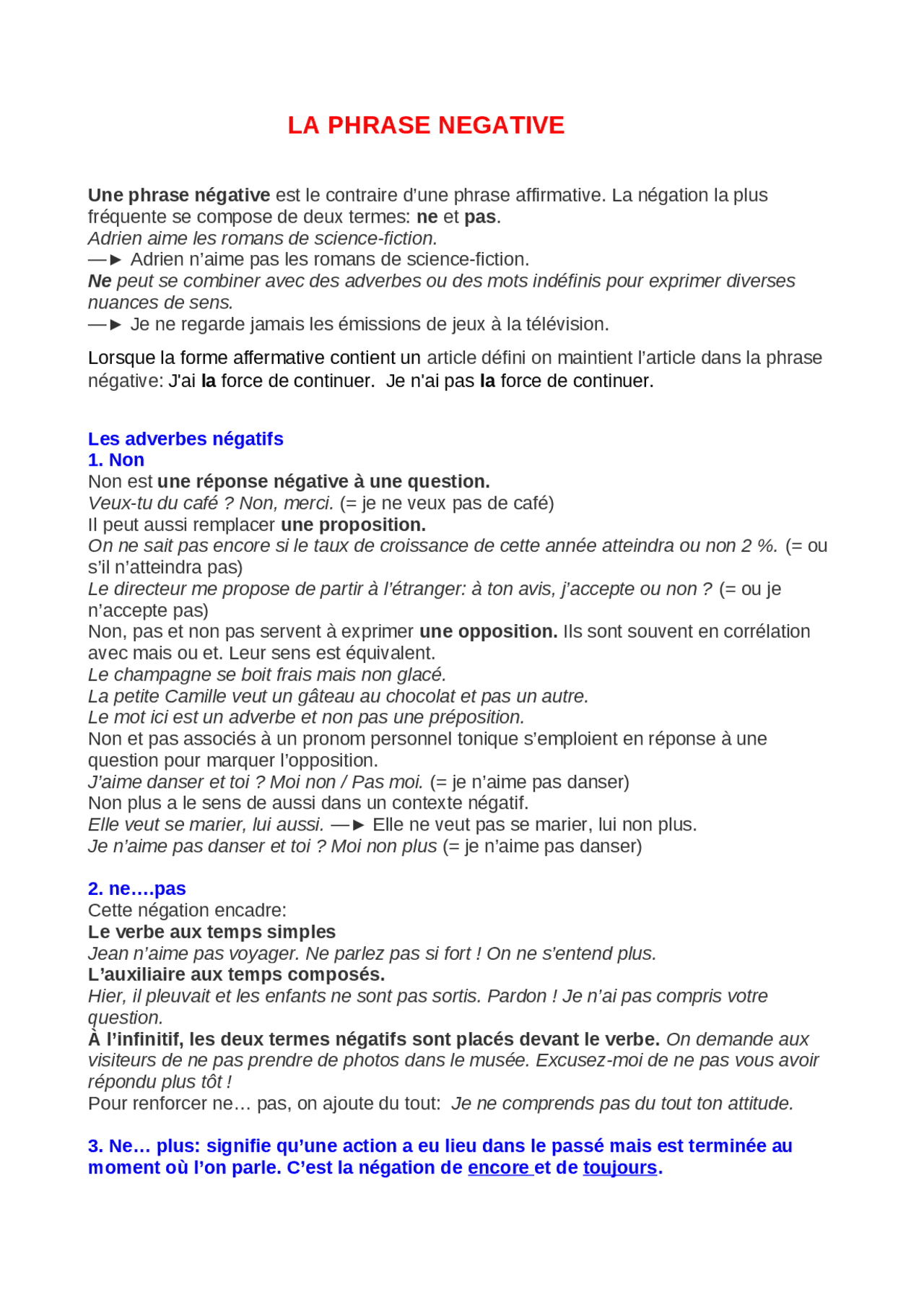 Les différentes phrases négatives | Appunti di Francese | Docsity