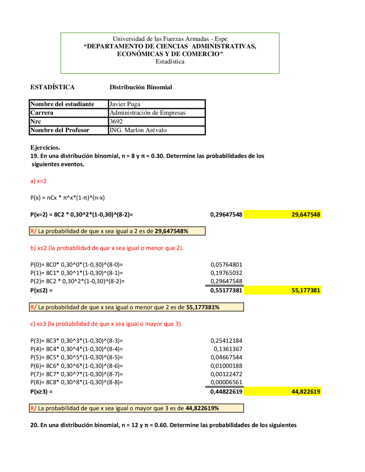 Distribución Binomial de probabilidades | Ejercicios de Estadística | Docsity