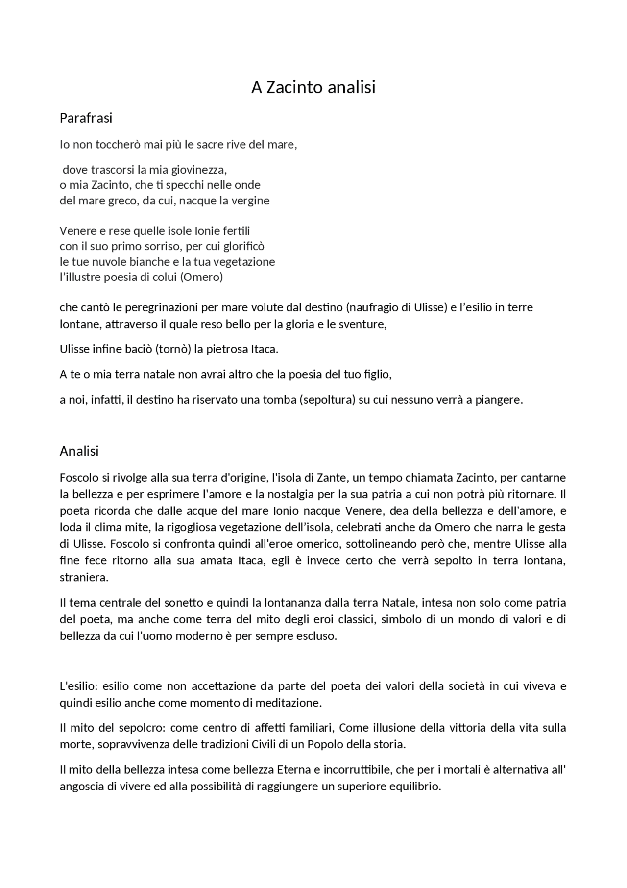 Poesia A Zacinto Di Ugo Foscolo Dispense Di Italiano Docsity