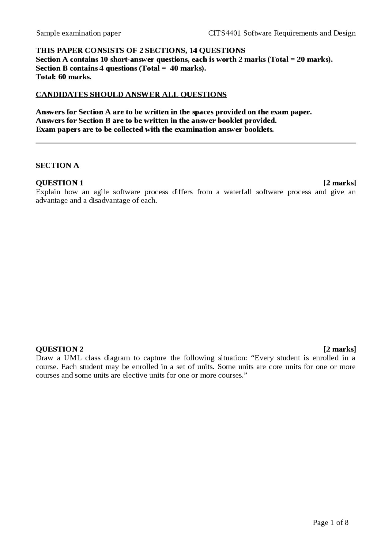 Sample Examination Paper for Software Requirements and Design | Cheat Sheet Software Engineering ...