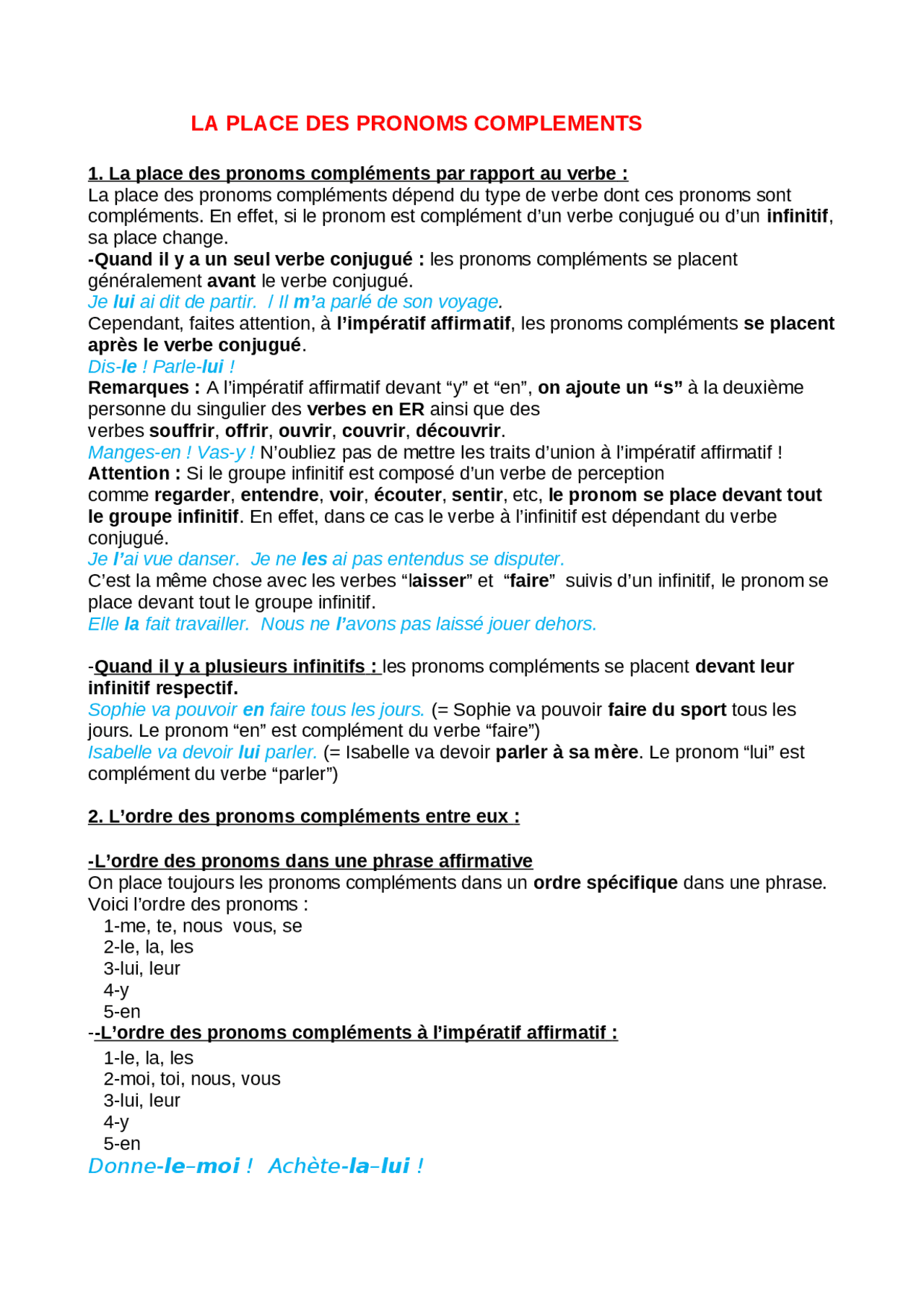 La place des pronoms compléments | Appunti di Francese | Docsity