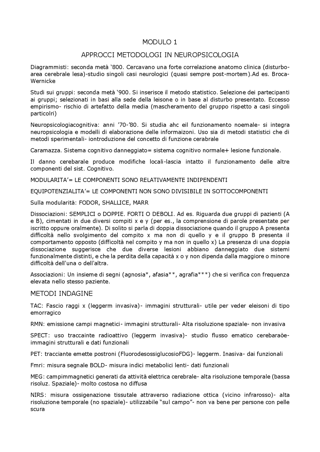 Modulo 1 Approcci Metodologici In Neuropsicologia Schemi E Mappe