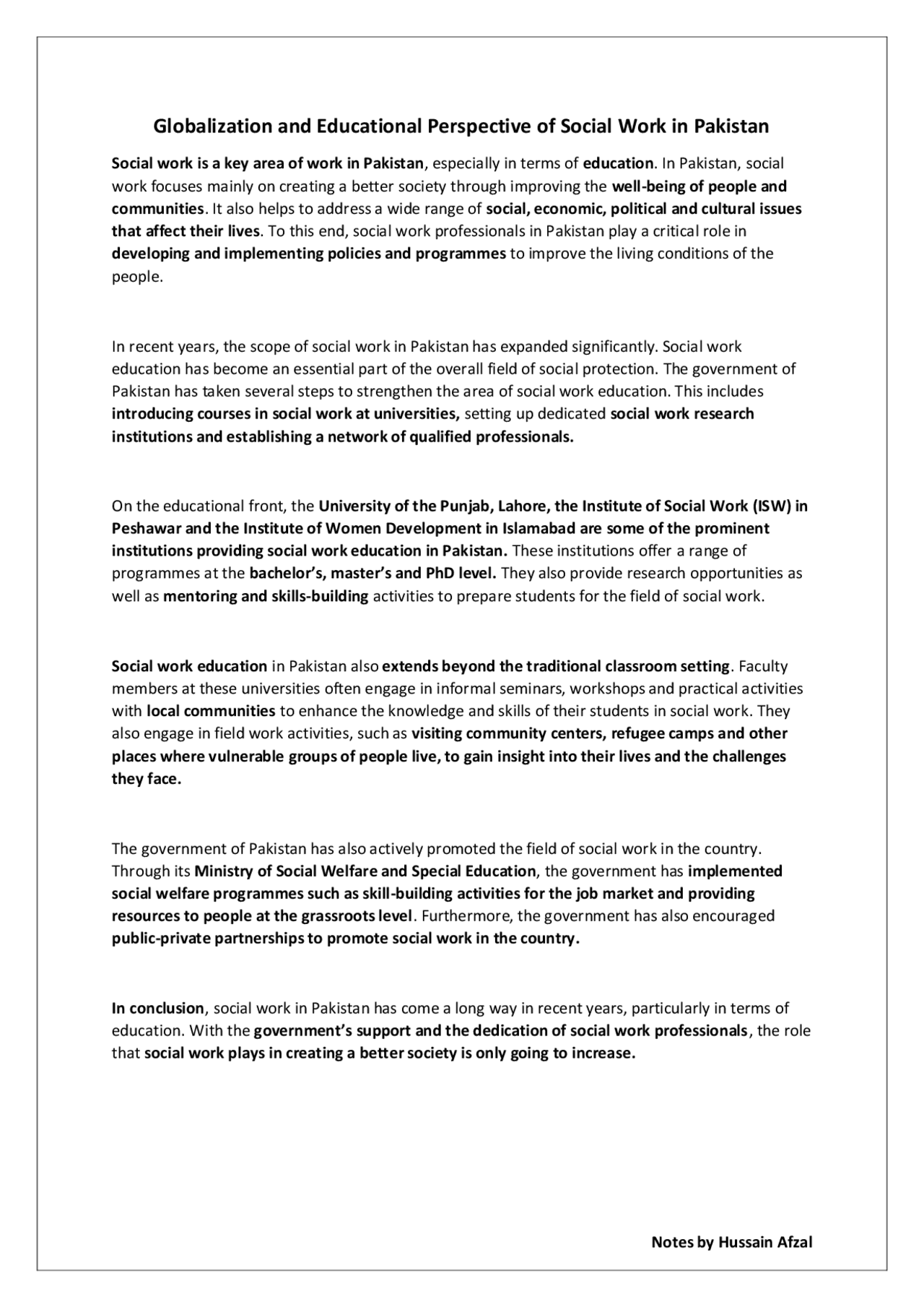 Globalization and Educational Perspective of Social Work in Pakistan ...