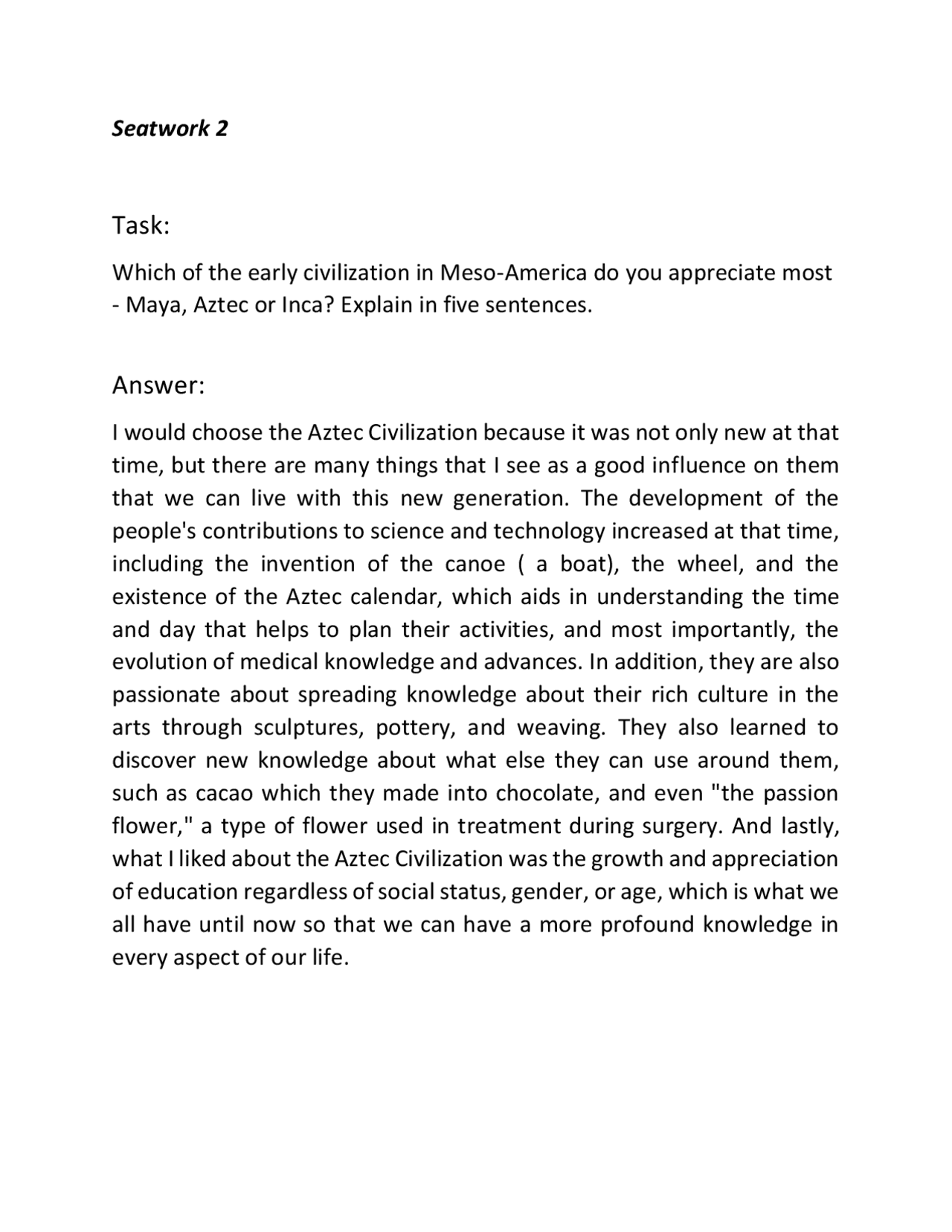 Seat Work 2 - Science, Technology and Society | Exercises Science ...