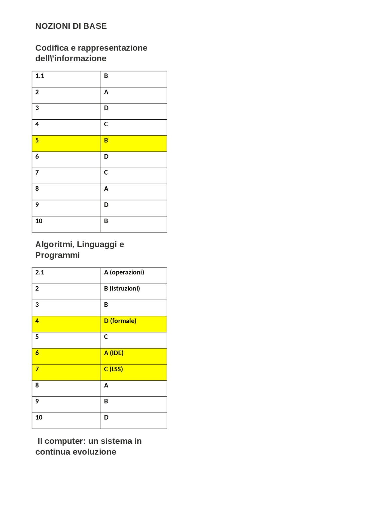 Risposte Quiz Verifica Prove Desame Di Elementi Di Informatica Docsity