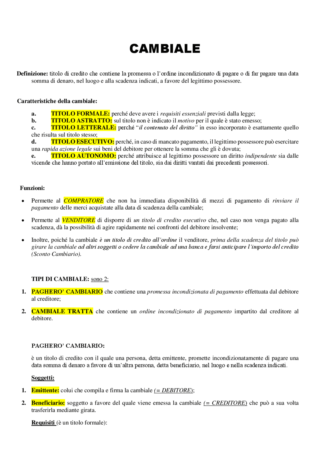 La cambiale (tratta e pagherò) | Dispense di Economia aziendale | Docsity