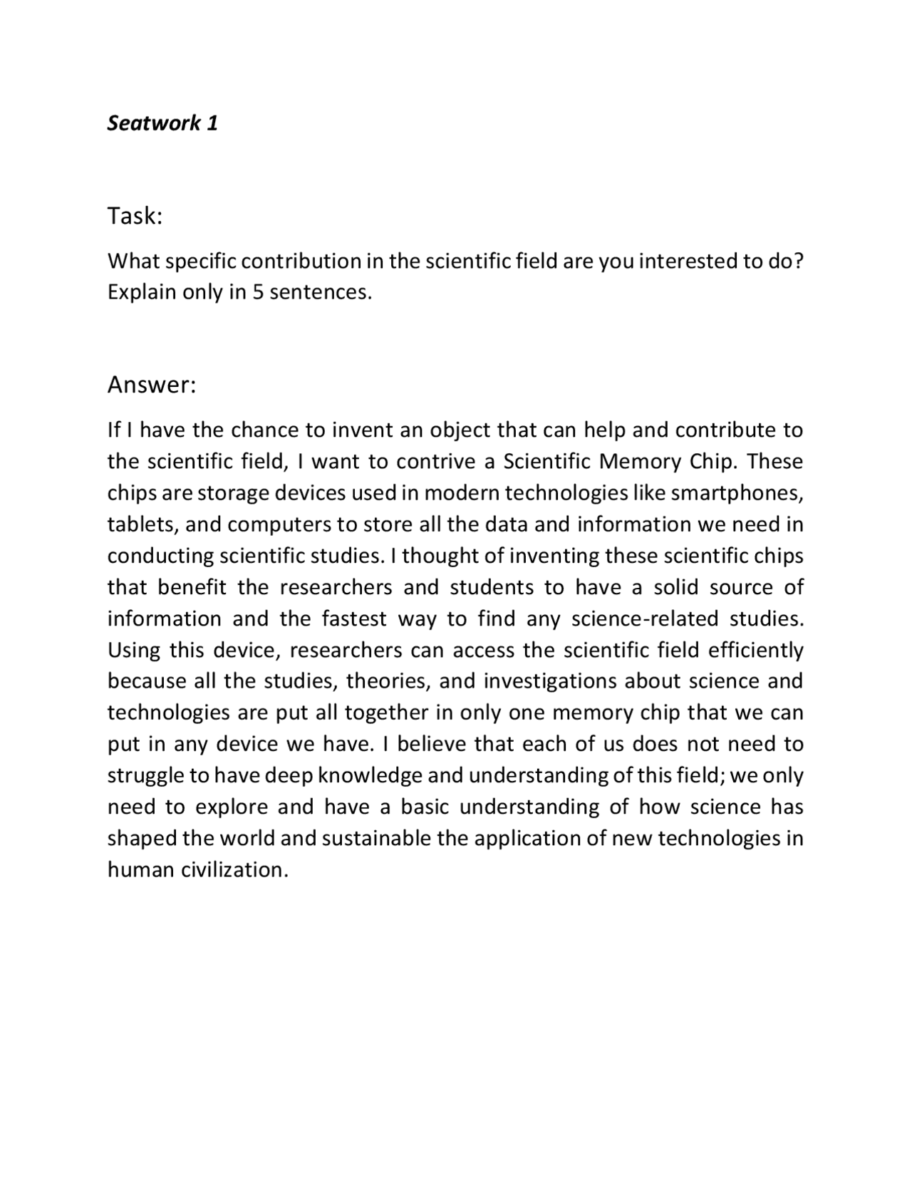 Seat Work 1 - Science, Technology and Society | Exercises Science ...