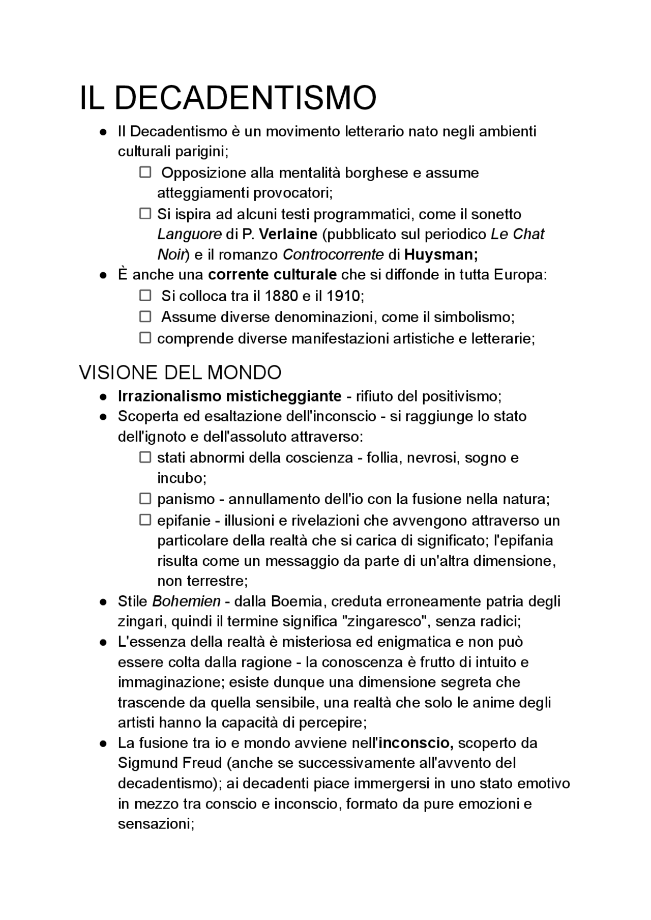 Il Decadentismo Introduzione E Caratteri Generali Appunti Di Lingue