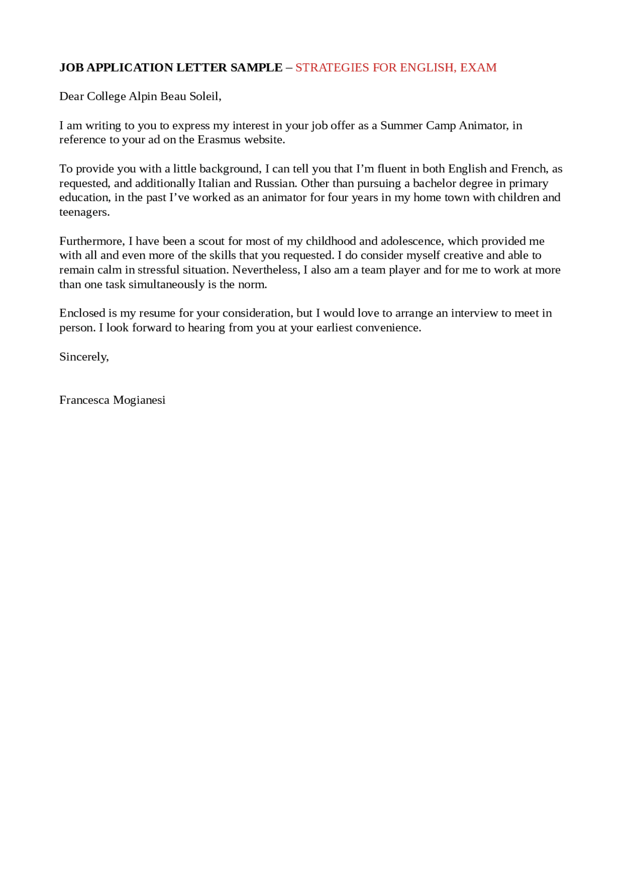 Job application sample | Esercizi di Lingua Inglese | Docsity