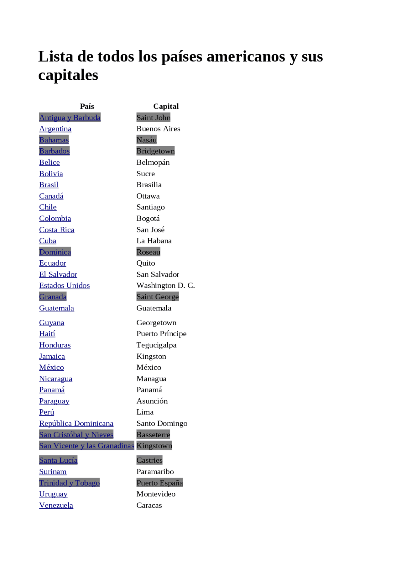 Paises y capitales de america | Apuntes de Geografía | Docsity