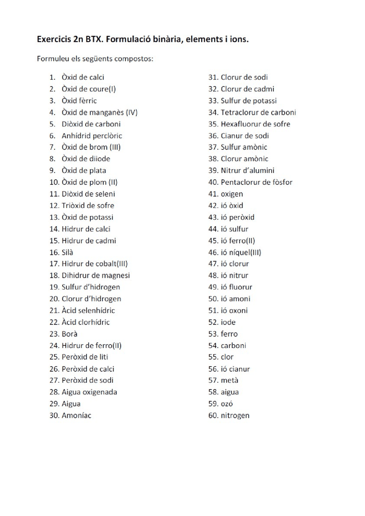 Ejercicios formulación química | Ejercicios de Química | Docsity