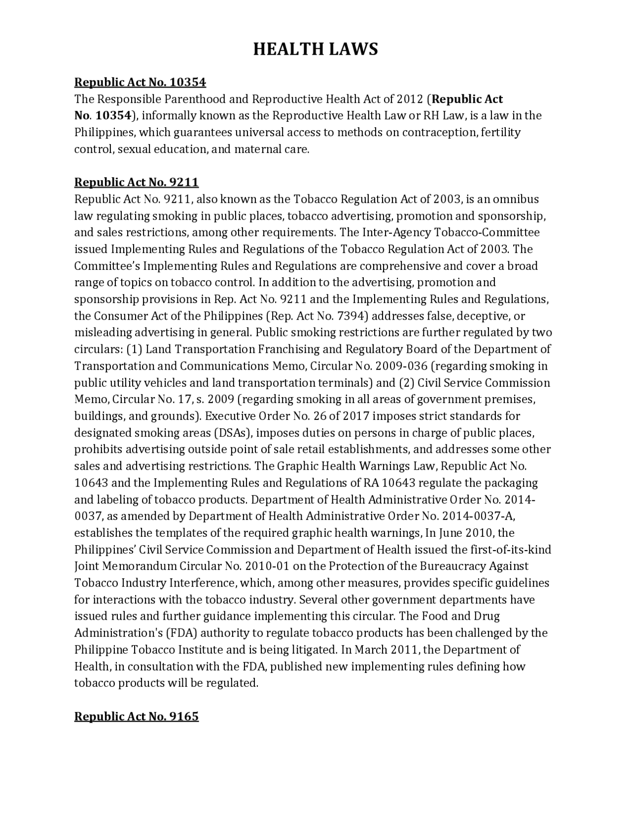 Philippine Health Laws | Schemes and Mind Maps Physical education | Docsity