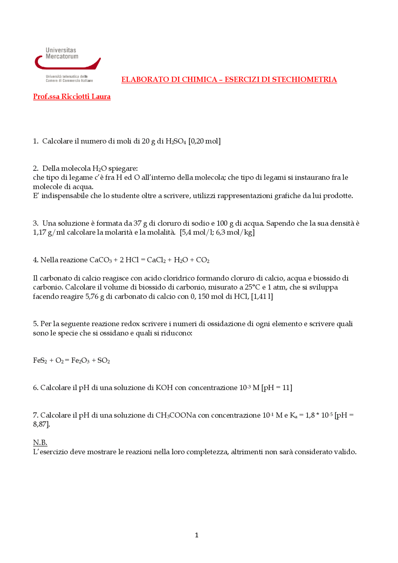 Elaborato Di Chimica Esercizi Di Chimica Docsity