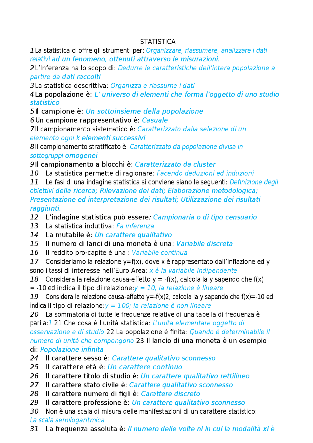 Statistica L 18 Pegaso Prove Desame Di Statistica Docsity