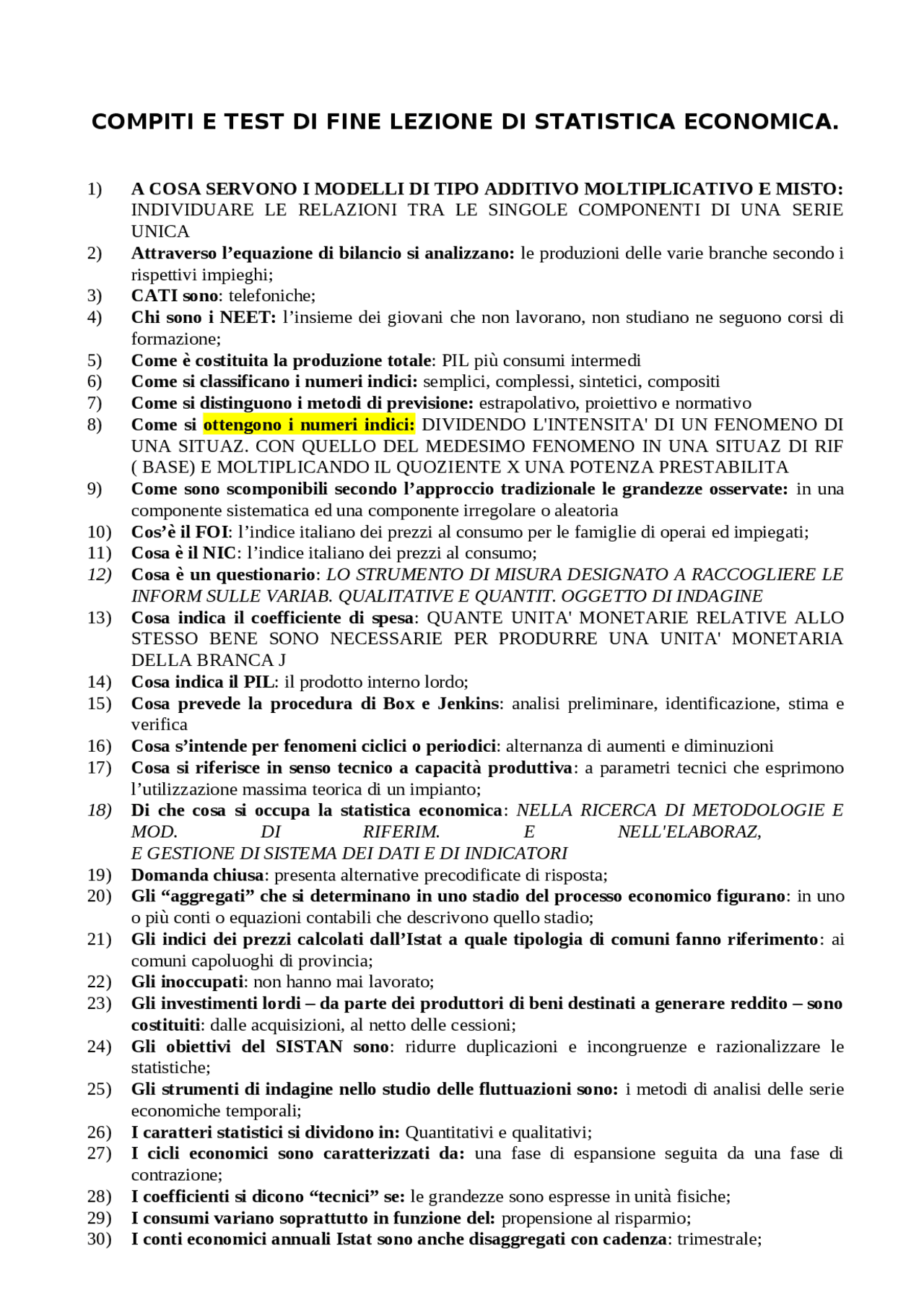 Statistica Economica Prove Desame Di Statistica Economica Docsity