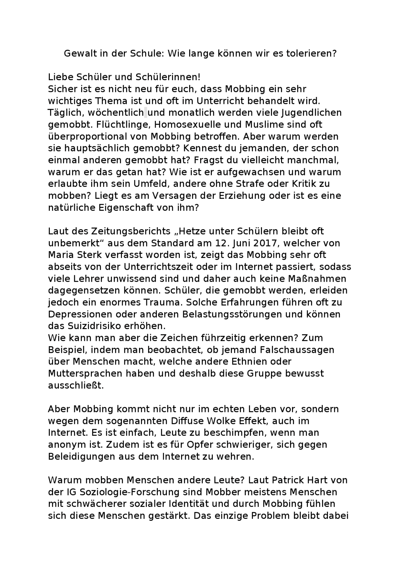 Meinungsrede: Gewalt in der Schule: Wie lange können wir es tolerieren ...