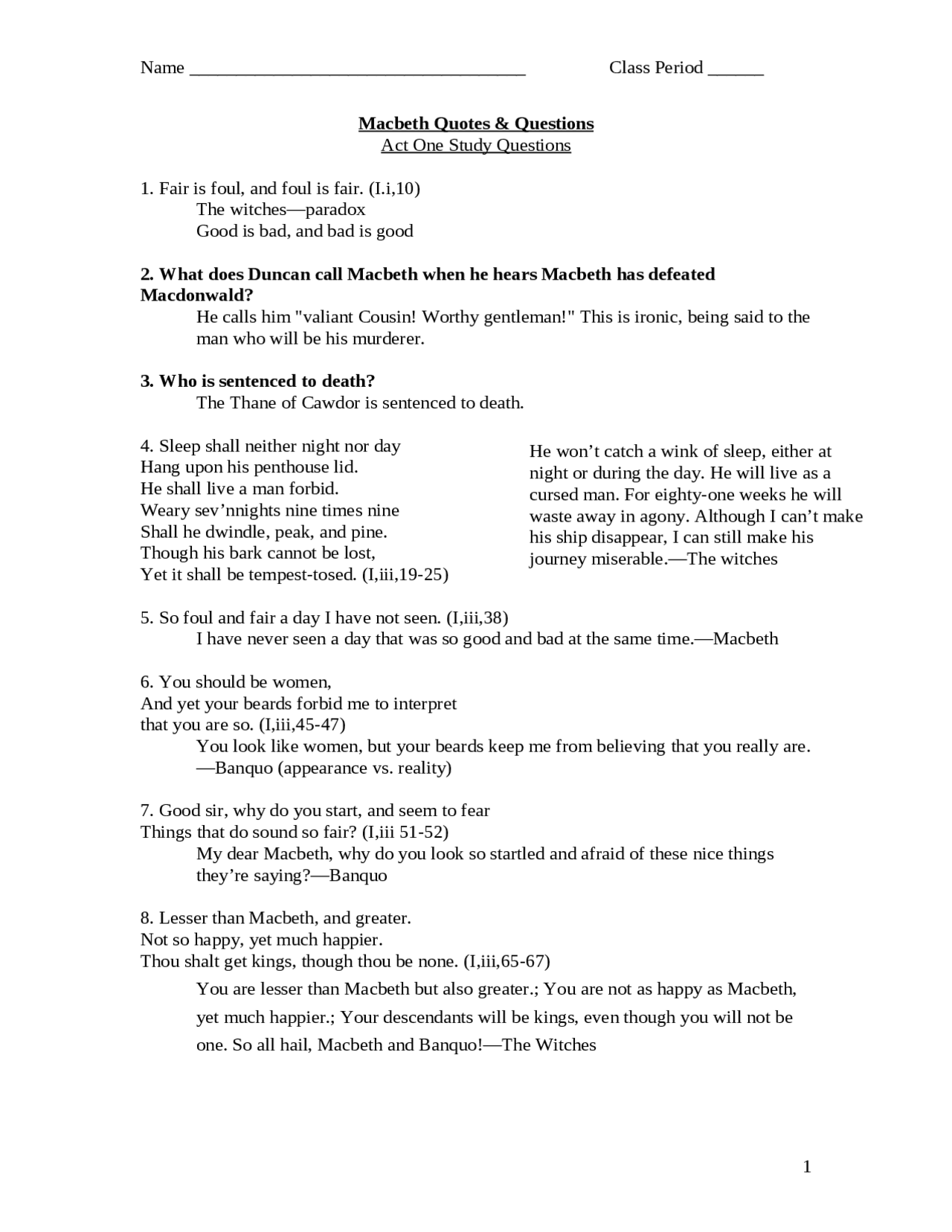 Macbeth study guide questions | Quizzes English | Docsity