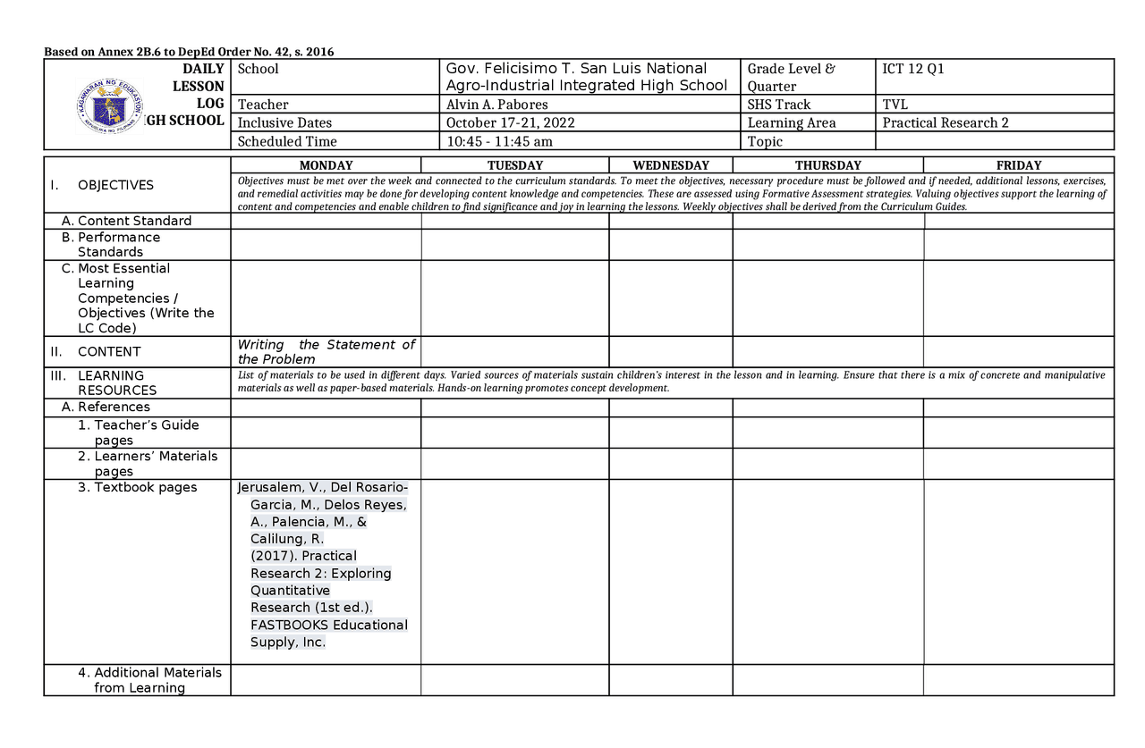 Daily lesson Log pr2 | Study notes Computer science | Docsity