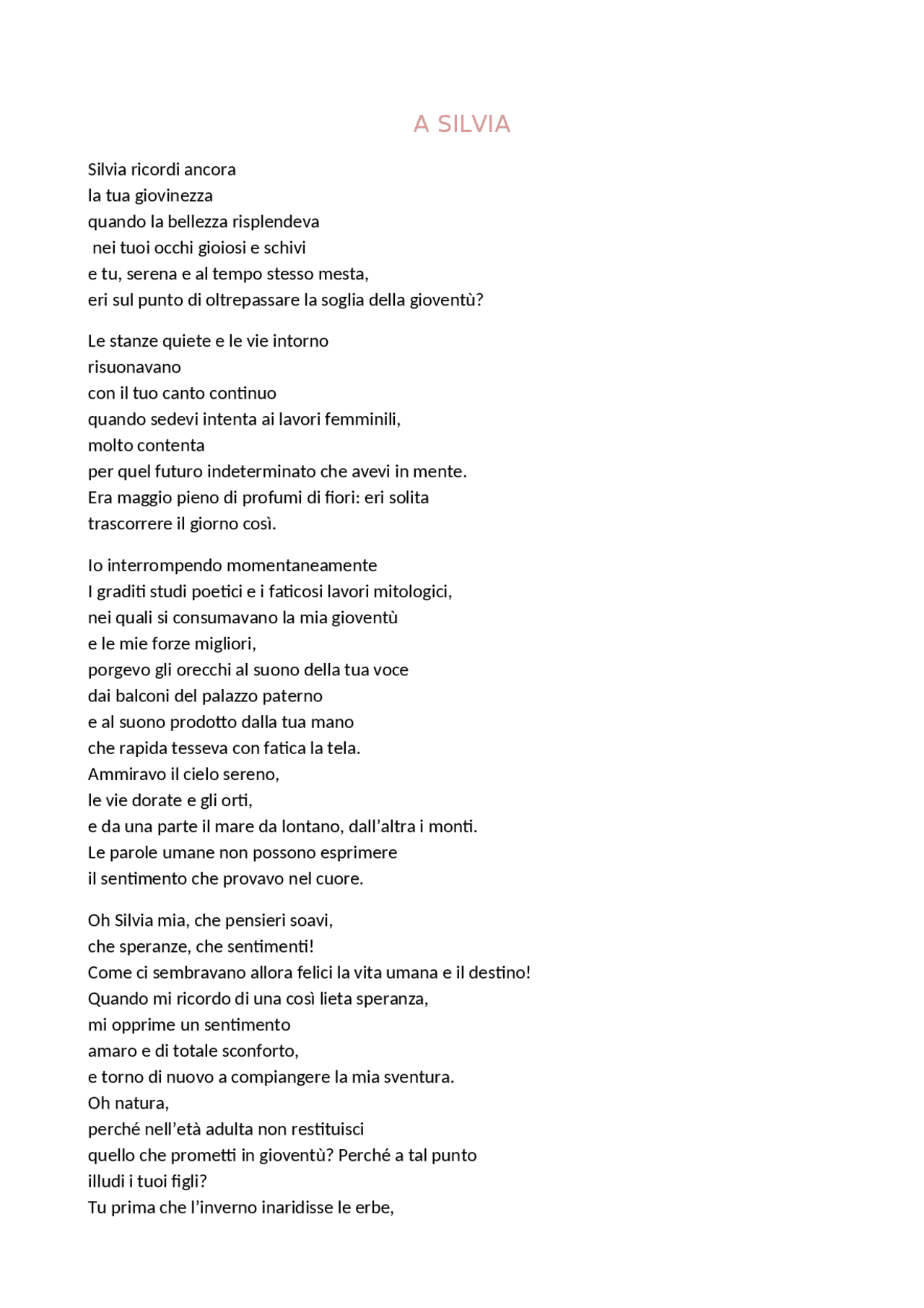 A SILVIA: PARAFRASI (parafrasi della celebre poesia di Leopardi, con suddivisione per ver ...