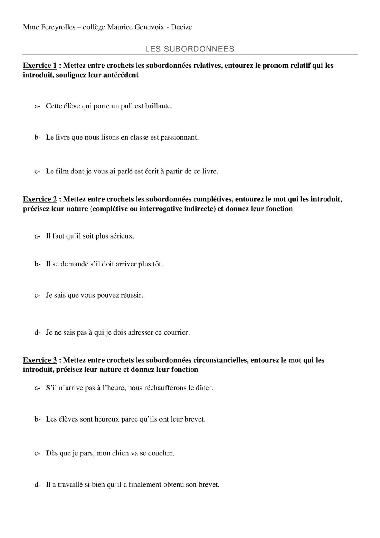 Exercices Sur Les Propositions Subordonnées Exercices Français Docsity